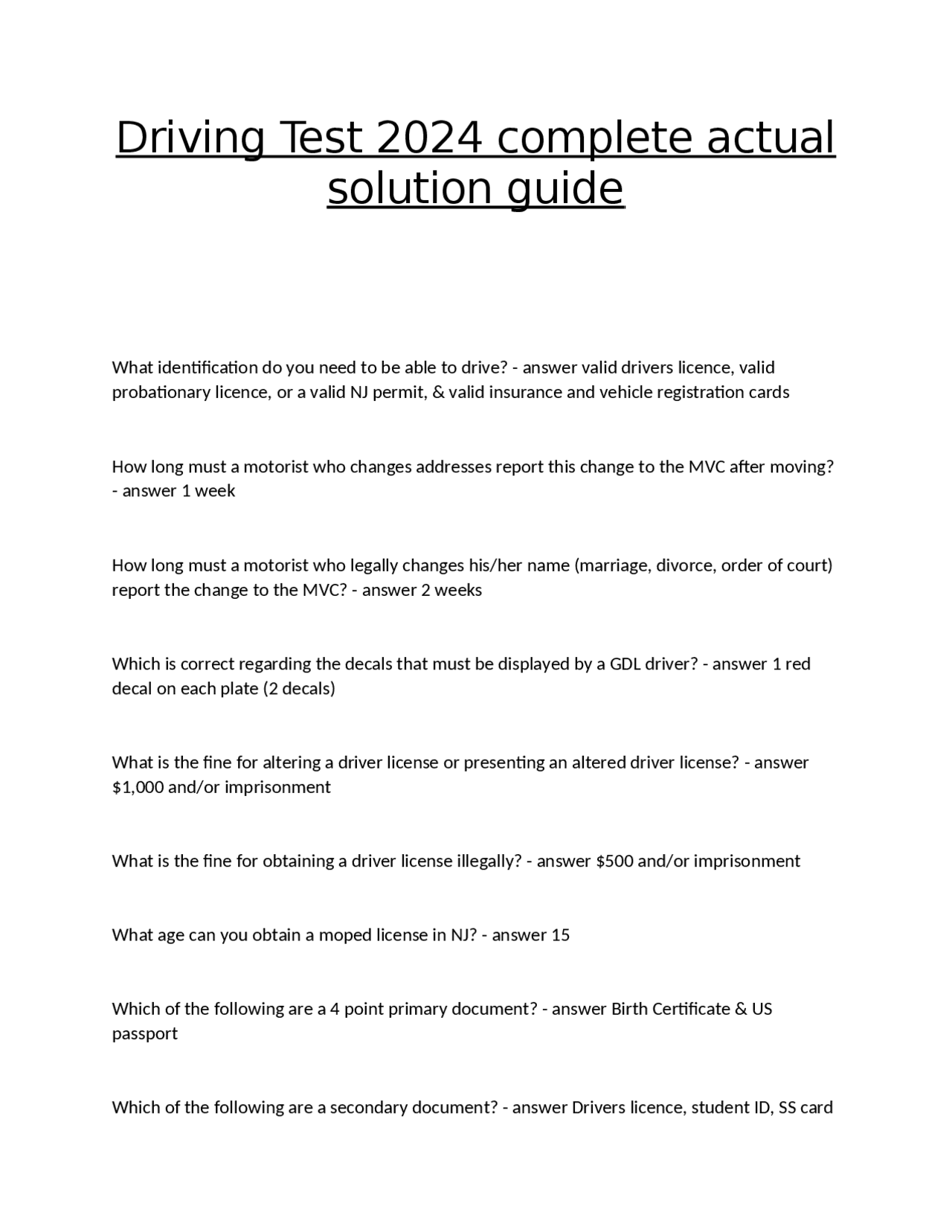 Driving Test 2024 complete actual solution guide | Exams Nursing | Docsity