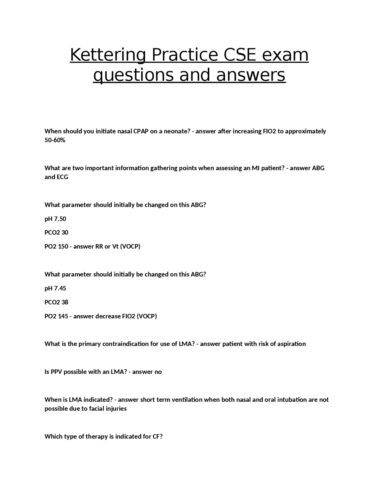 Kettering Practice CSE exam questions and answers | Exams Nursing | Docsity