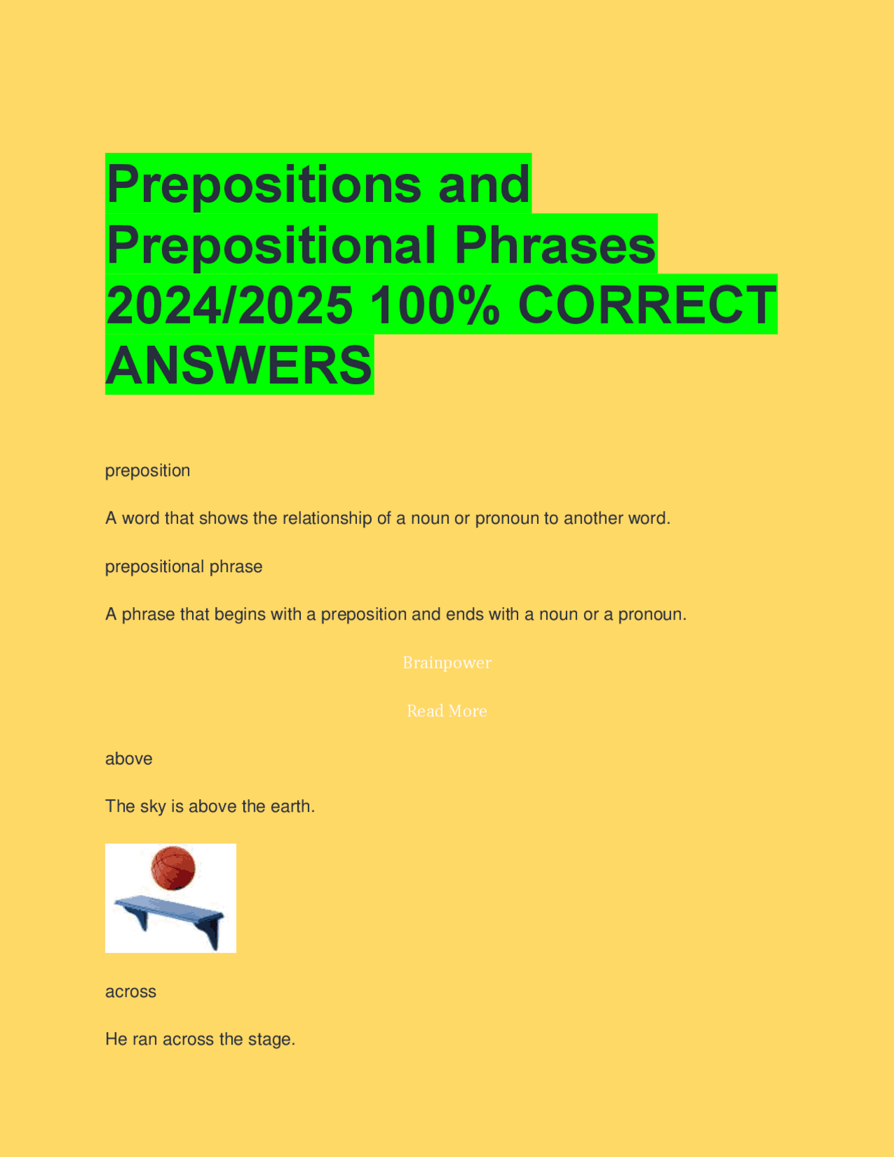 Prepositions and Prepositional Phrases 2024/2025 100% CORRECT ANSWERS ...