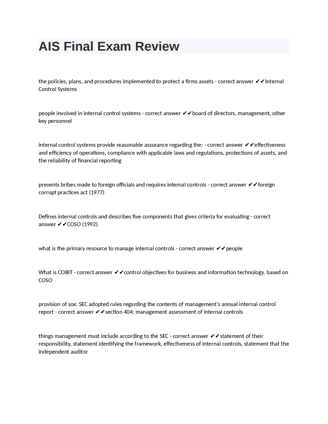 AIS Final Exam Review updated already passed | Exams Nursing | Docsity