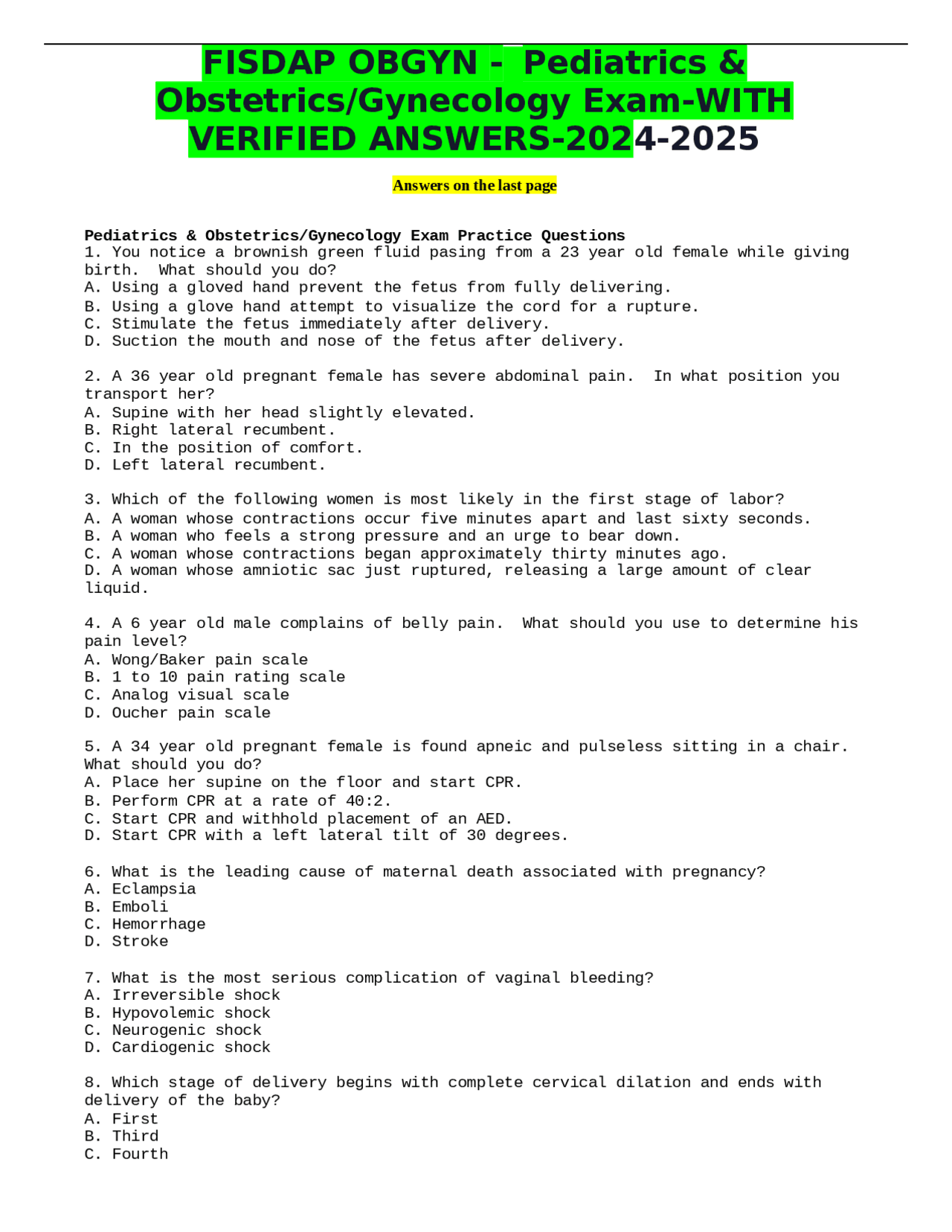 FISDAP OBGYN - Pediatrics & Obstetrics_Gynecology Exam-WITH VERIFIED ANSWERS-2024-2025.doc ...