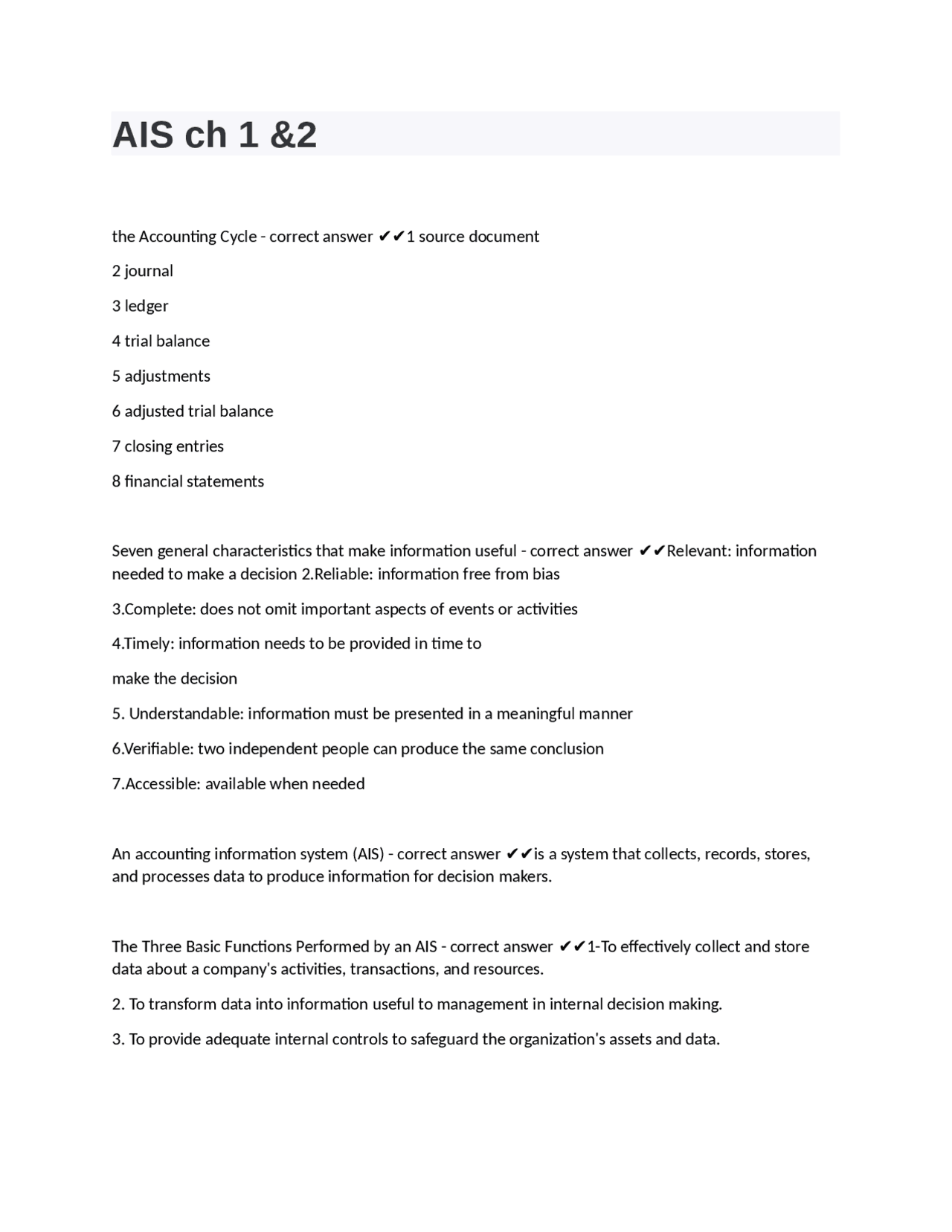 AIS ch 1 &2 questions with correct solutions graded A+ | Exams Nursing | Docsity