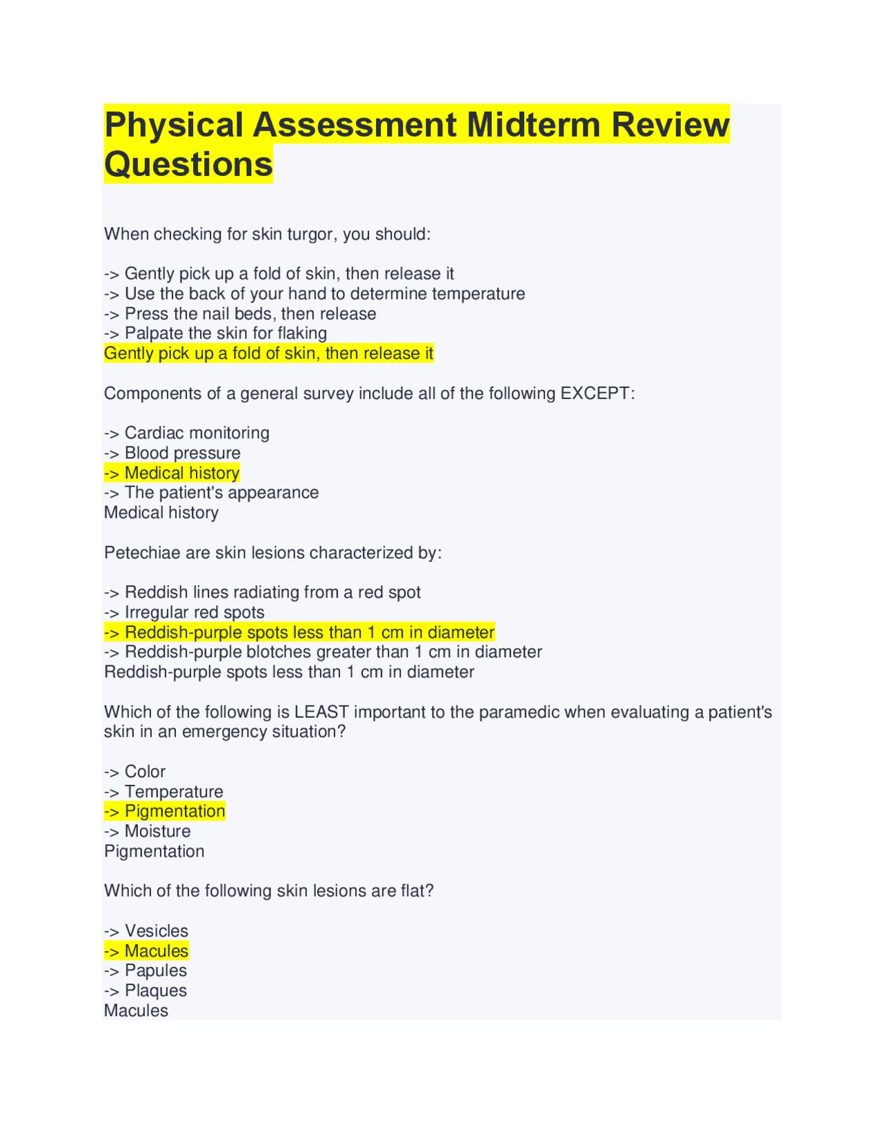 Physical Assessment Midterm Review Questions | Exams Nursing | Docsity
