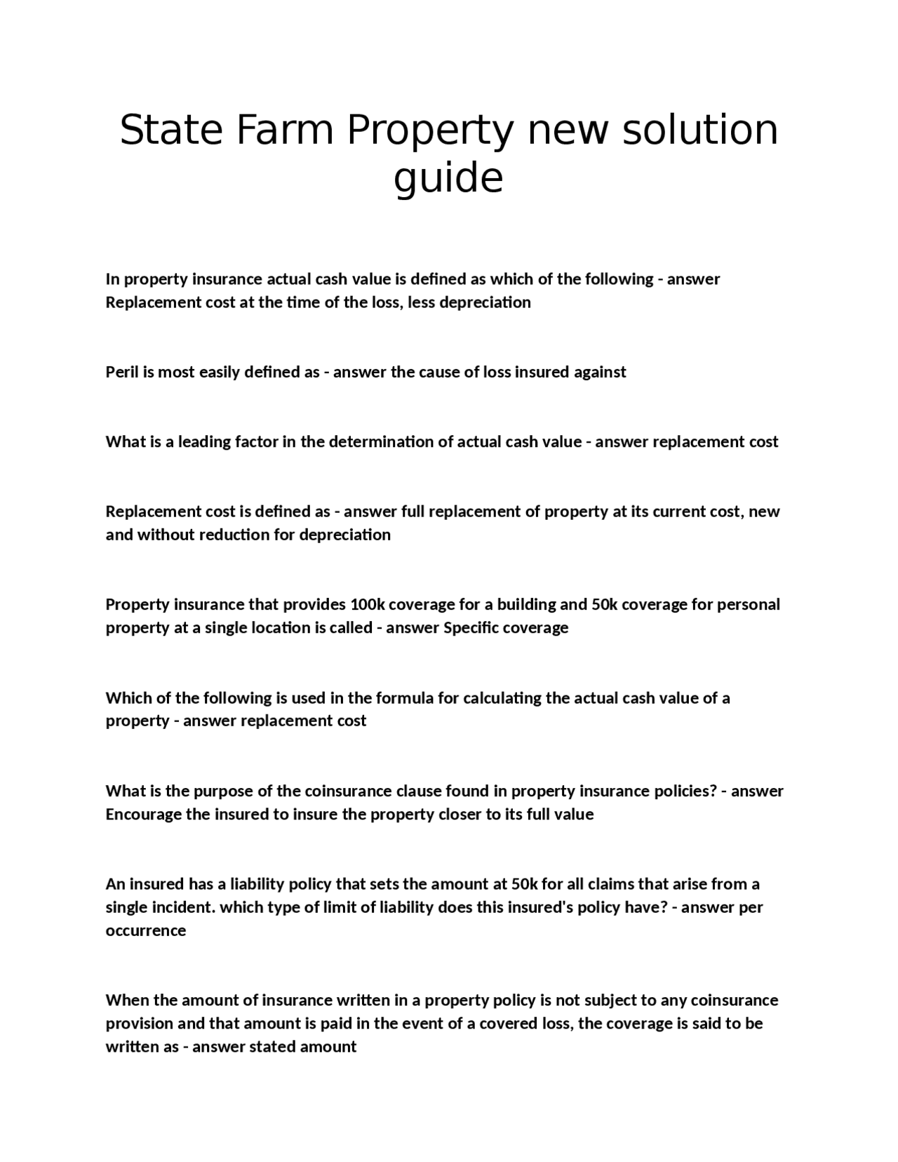 State Farm Property new solution guide | Exams Nursing | Docsity
