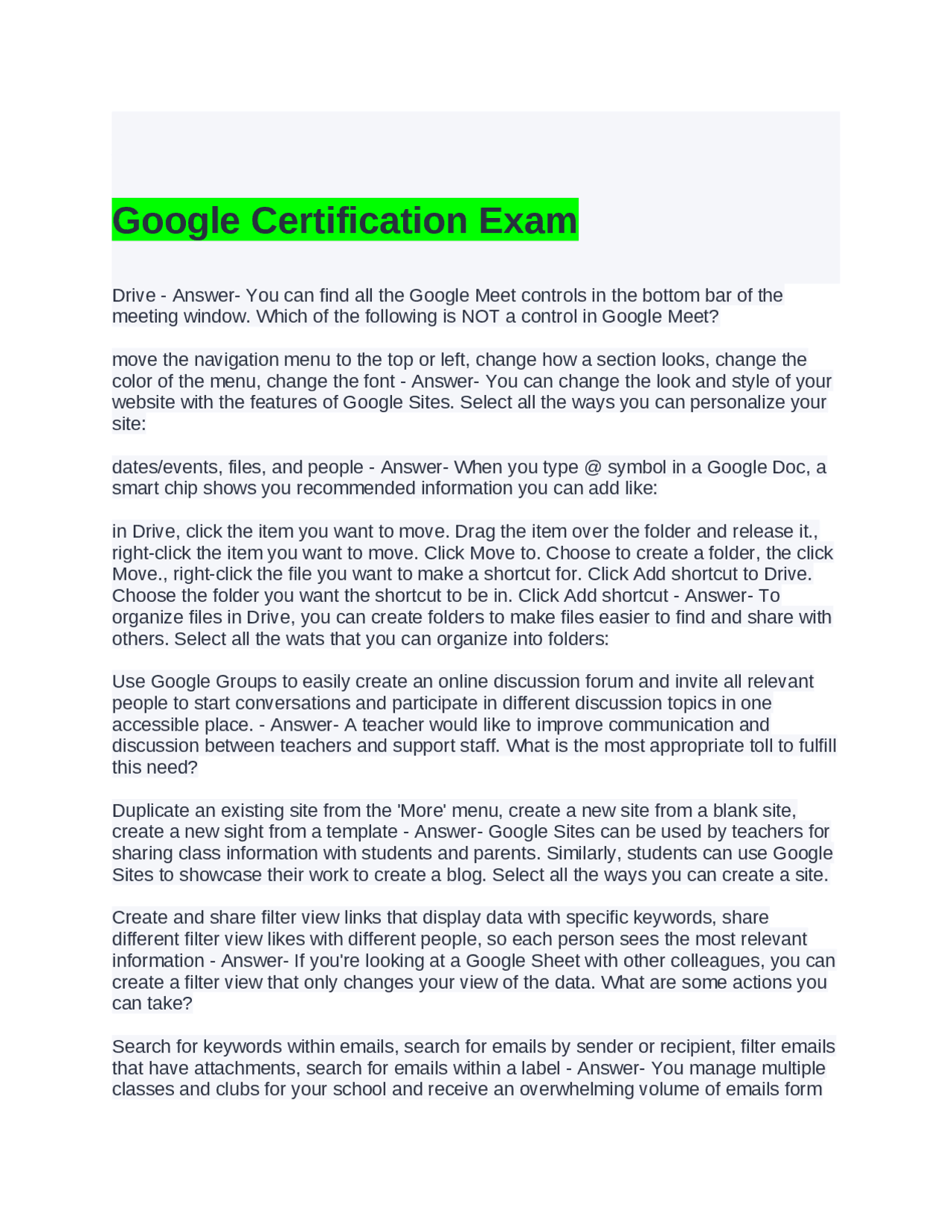 Google Certification Exam with correct Answers | Exams Advanced Education | Docsity