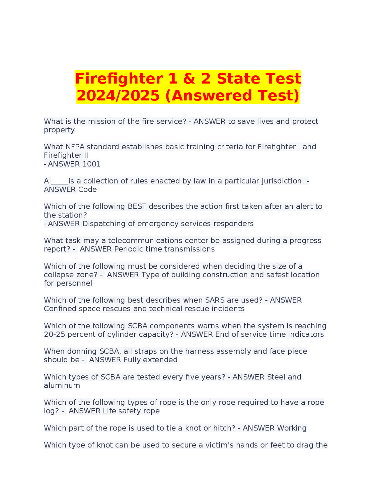 Firefighter 1 & 2 State Test 2024/2025 (Answered Test) | Exams Physics ...