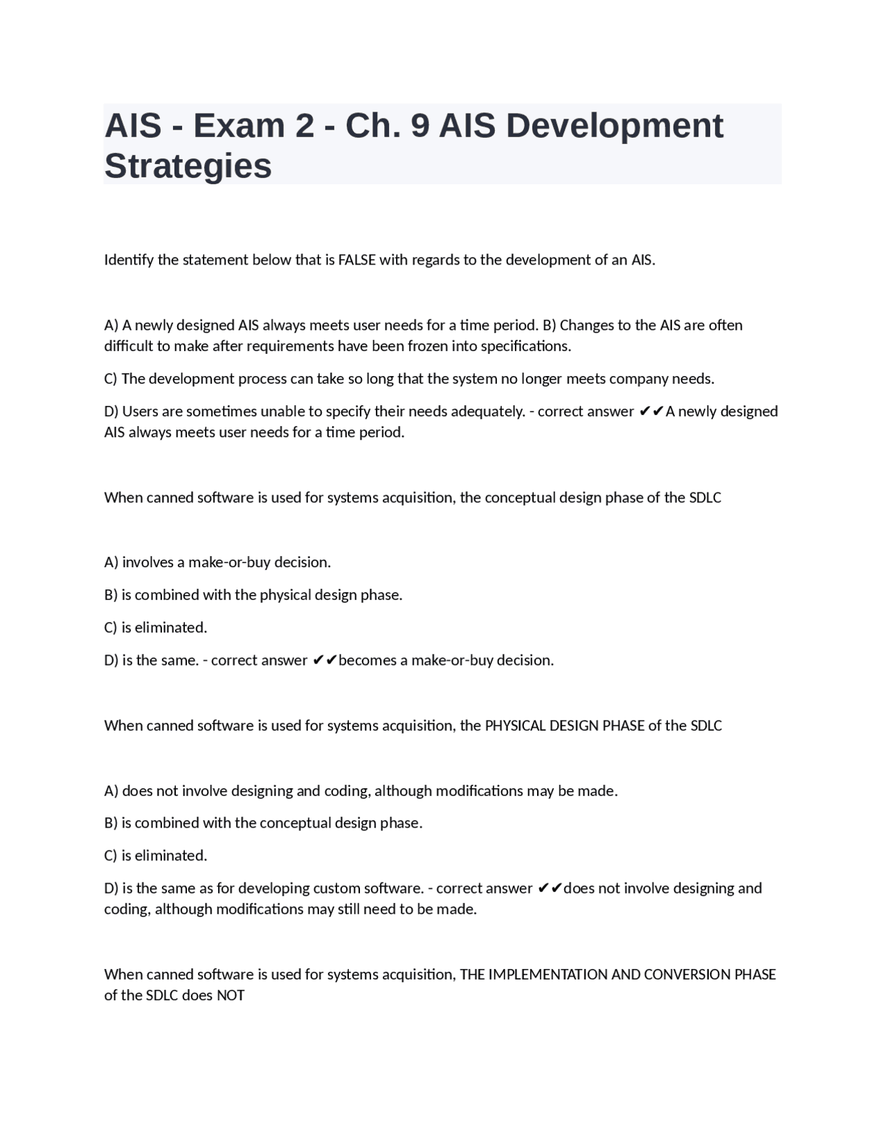 AIS - Exam 2 - Ch. 9 AIS Development Strategies well answered to pass ...