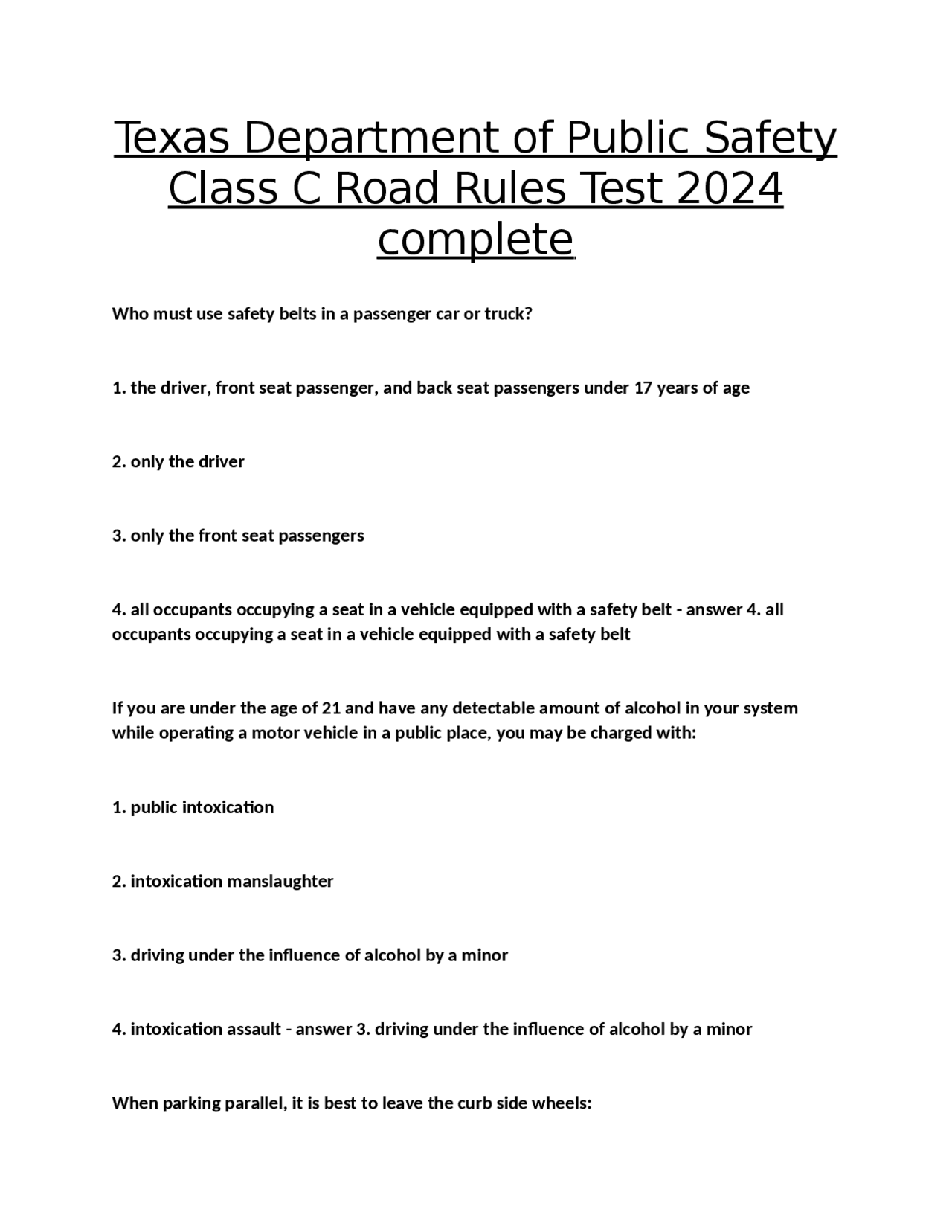Texas Department of Public Safety Class C Road Rules Test 2024 complete ...