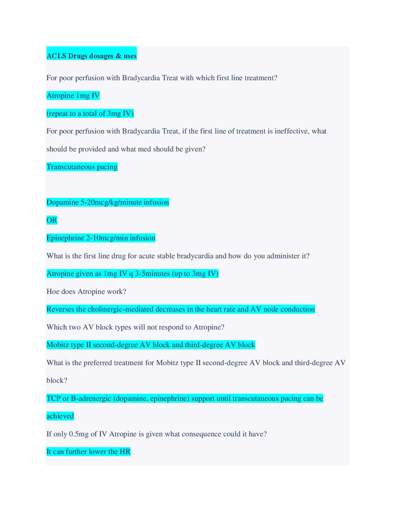 ACLS Drugs dosages & uses | Exams Nursing | Docsity