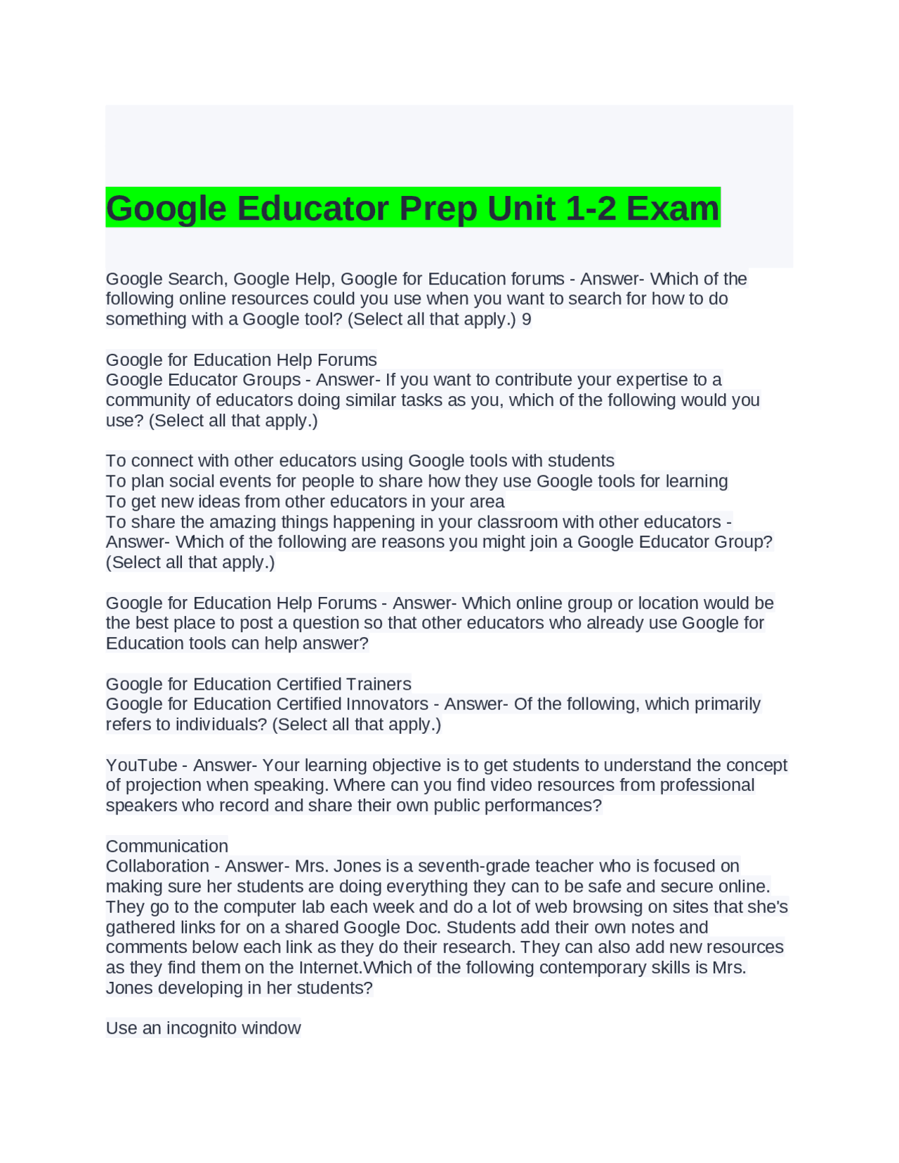 Google Educator Prep Unit 1-2 Exam Questions and Answers | Exams ...