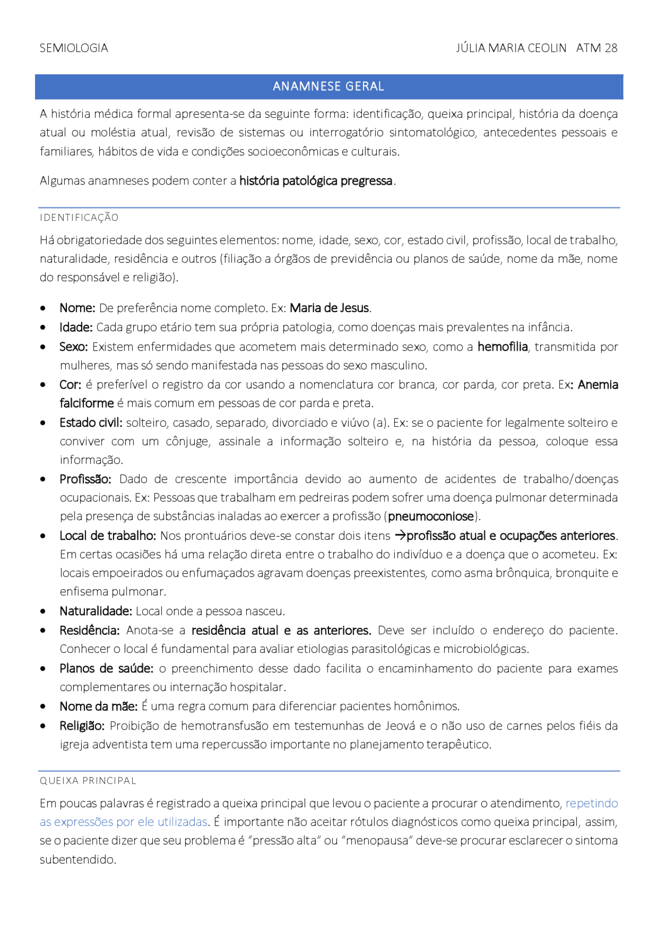 Anamnese geral do paciente | Resumos Semiologia | Docsity