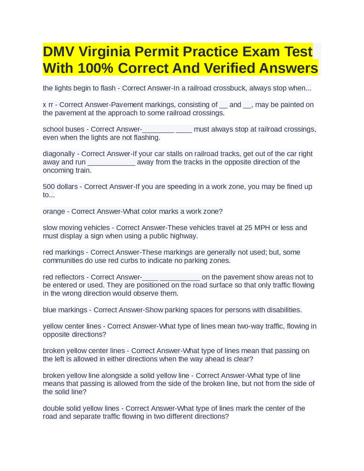 DMV Virginia Permit Practice Exam Test With 100% Correct And Verified ...