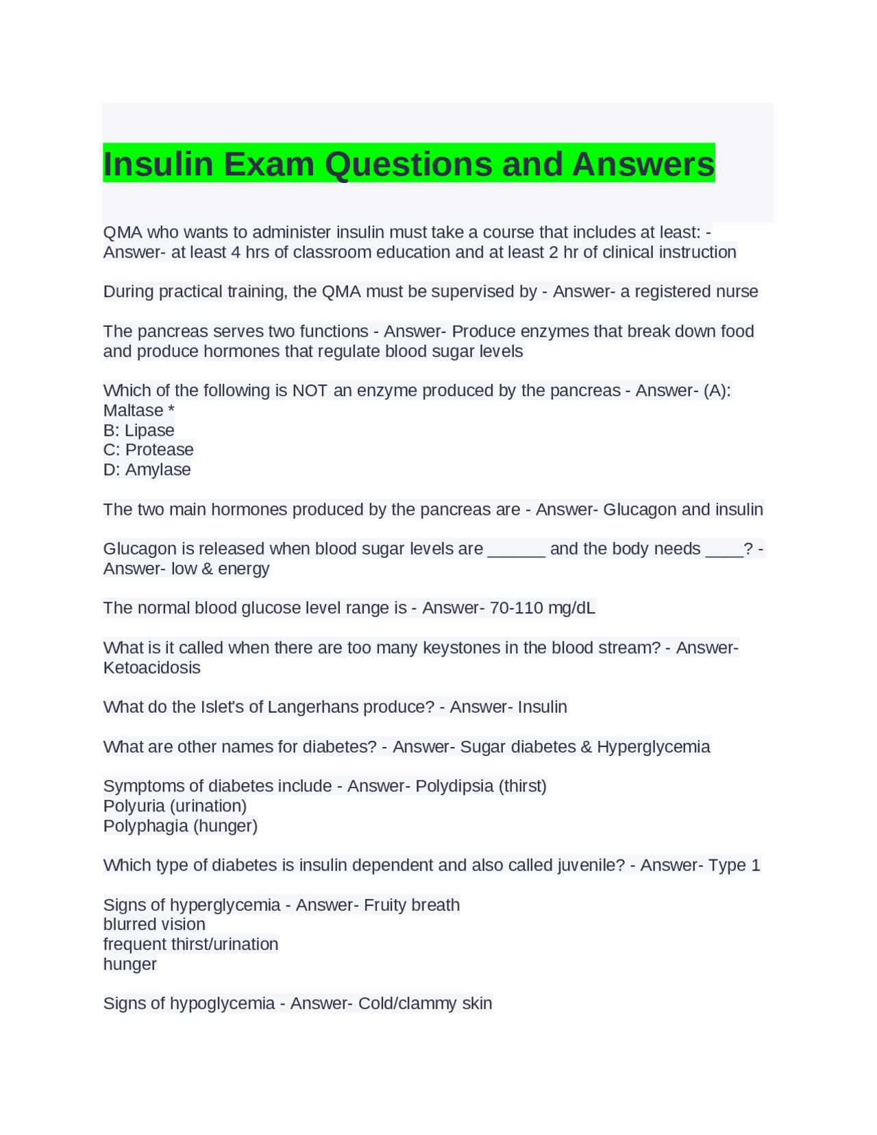 Insulin Exam Questions and Answers | Exams Advanced Education | Docsity