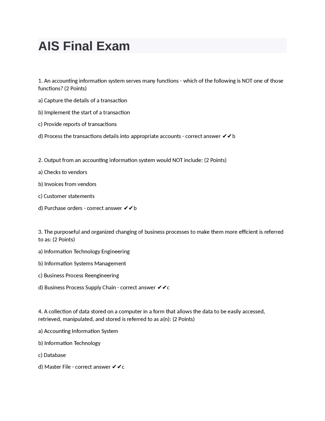 AIS Final Exam verified/passed | Exams Nursing | Docsity