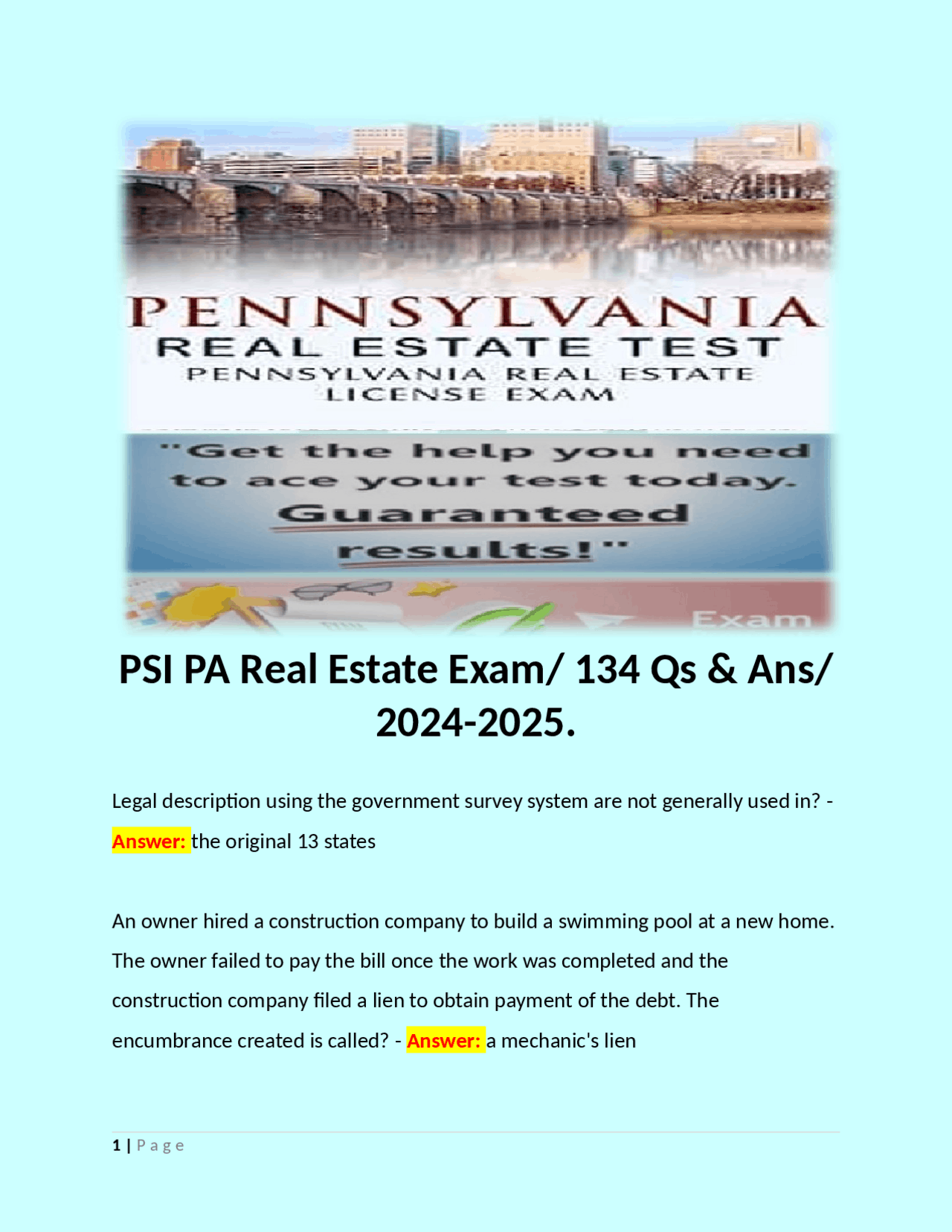 PSI PA Real Estate Exam/ 134 Qs & Ans/ 2024-2025. | Exams Real Estate ...