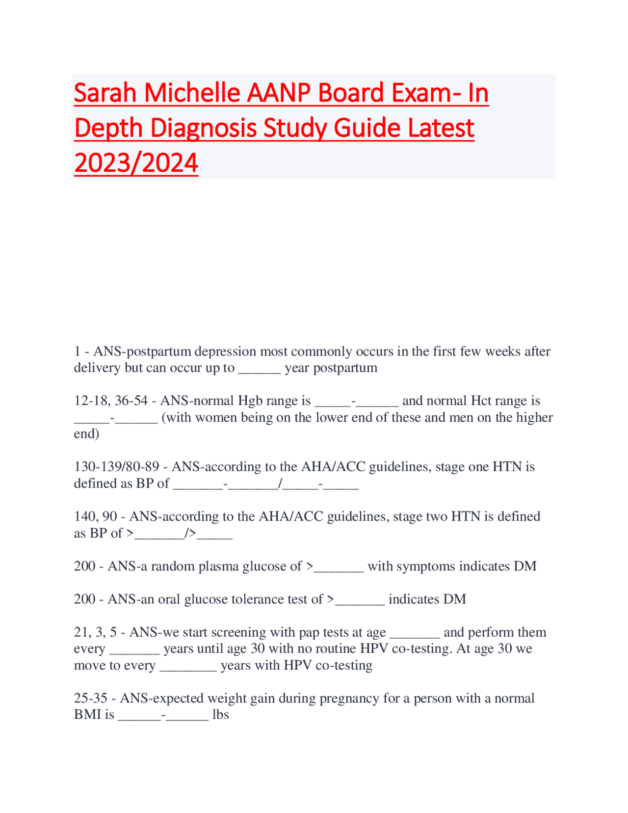 Sarah Michelle AANP Board Exam - In Depth Diagnosis Study Guide | Exams ...