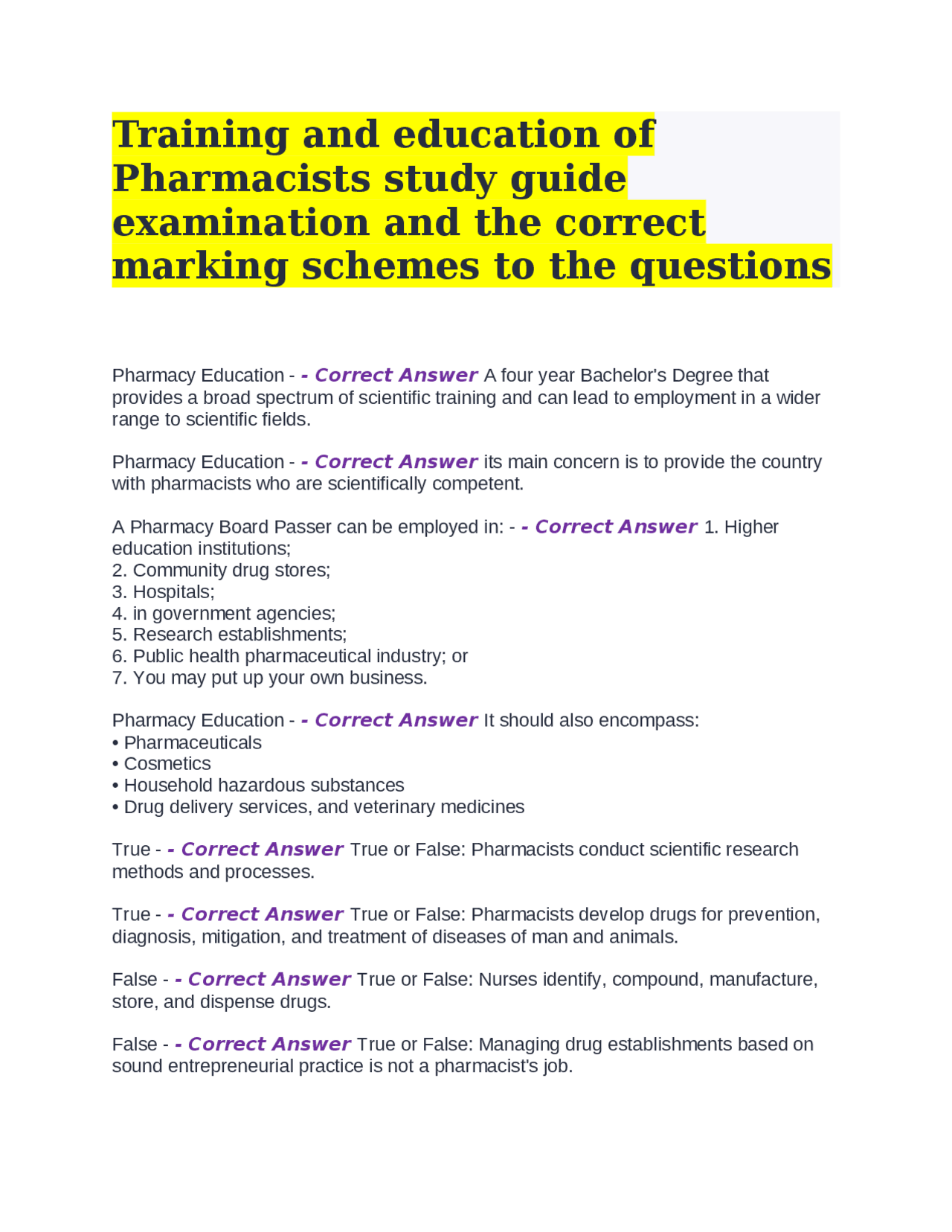 Training and education of Pharmacists study guide examination and the ...