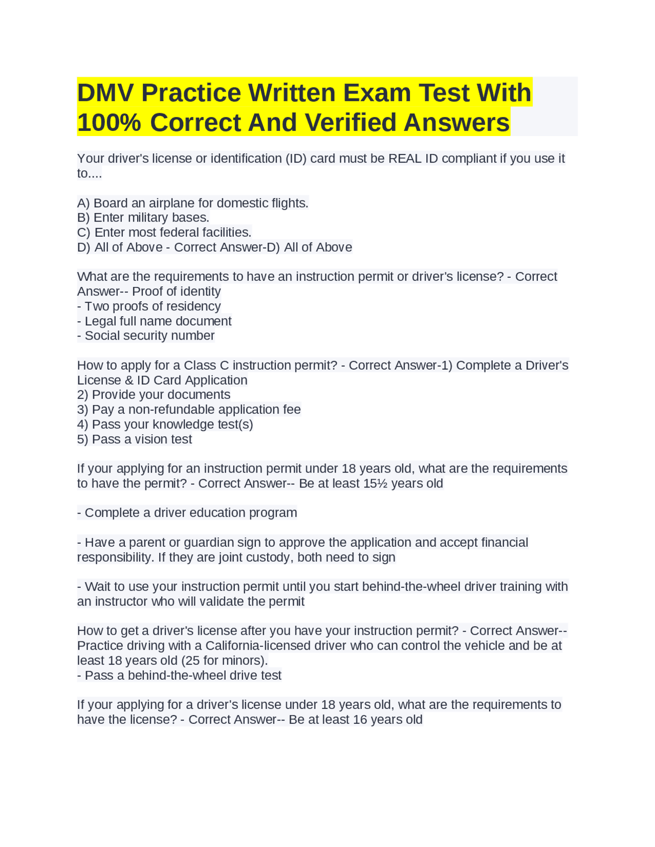 DMV Practice Written Exam Test With 100% Correct And Verified Answers ...