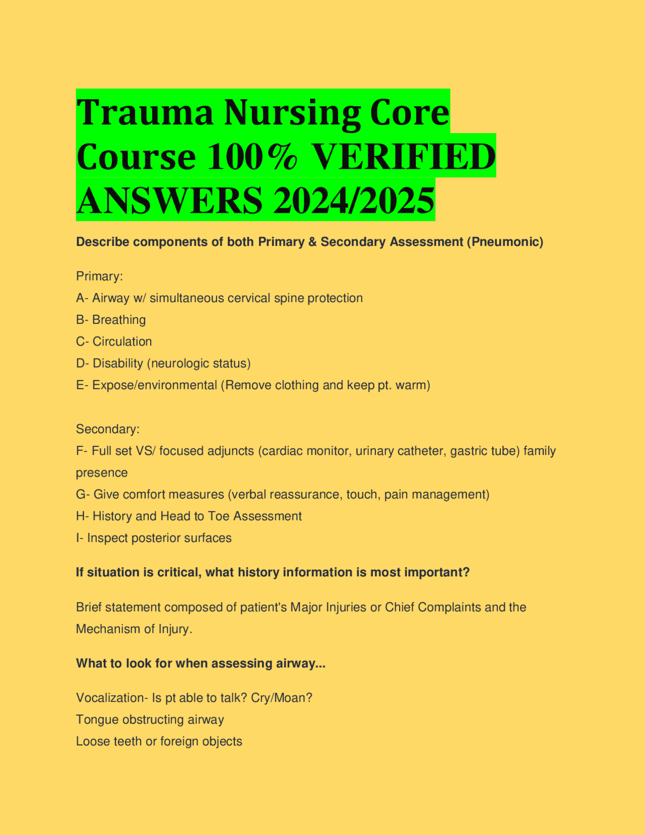 Trauma Nursing Core Course 100% VERIFIED ANSWERS 2024/2025 | Exams ...