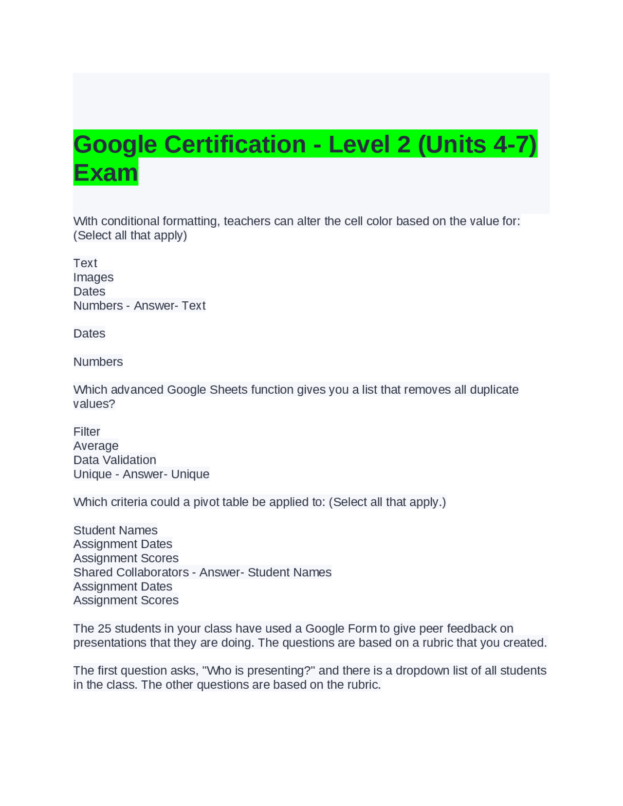 Google Certification - Level 2 (Units 4-7) Exam Questions and Answers | Exams Advanced Education ...