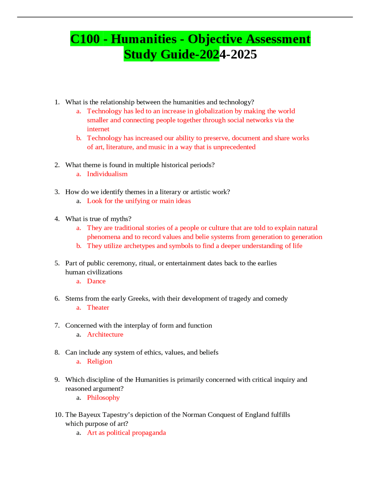 C100 - Humanities - Objective Assessment Study Guide-2024-2025.docx ...