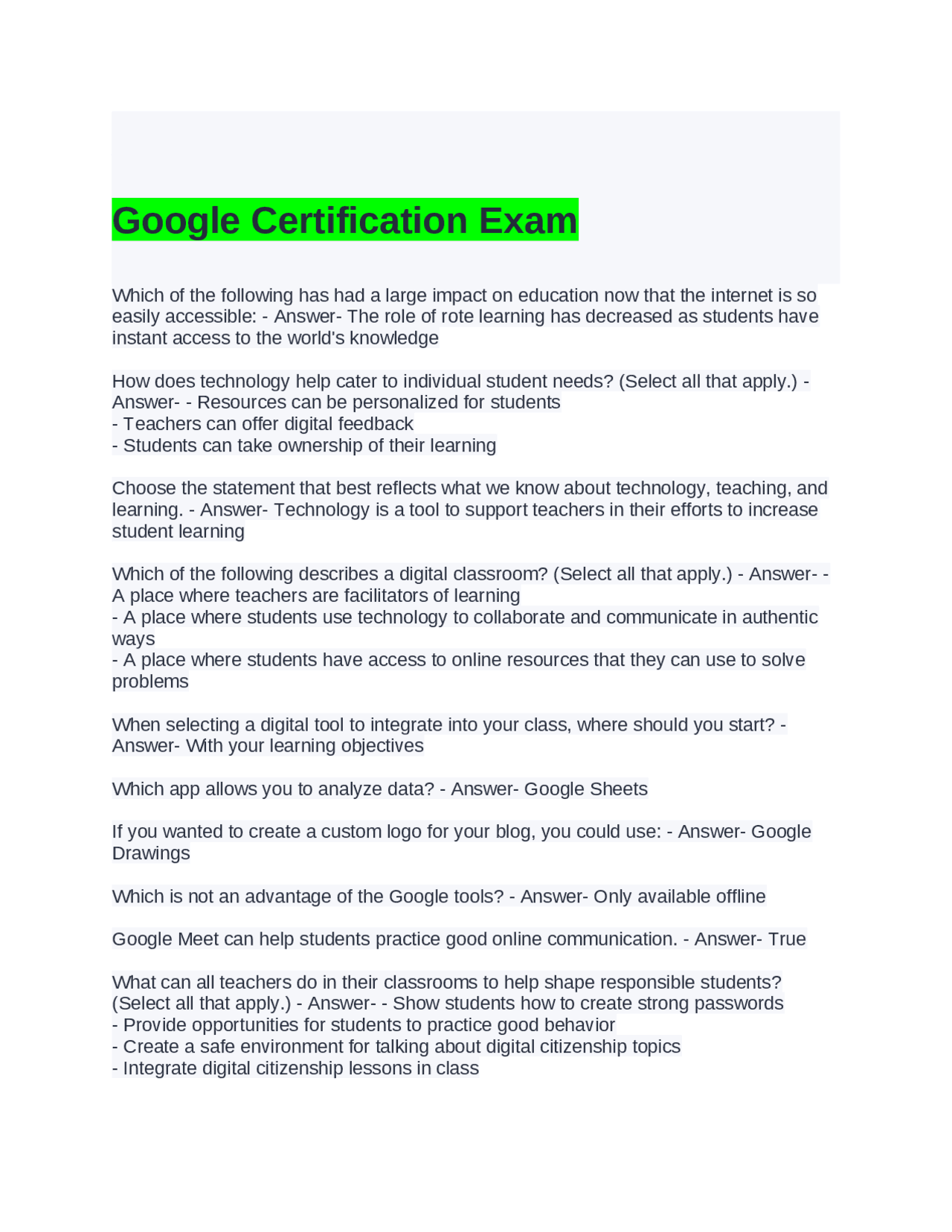Google Certification Exam with complete solutions | Exams Advanced ...