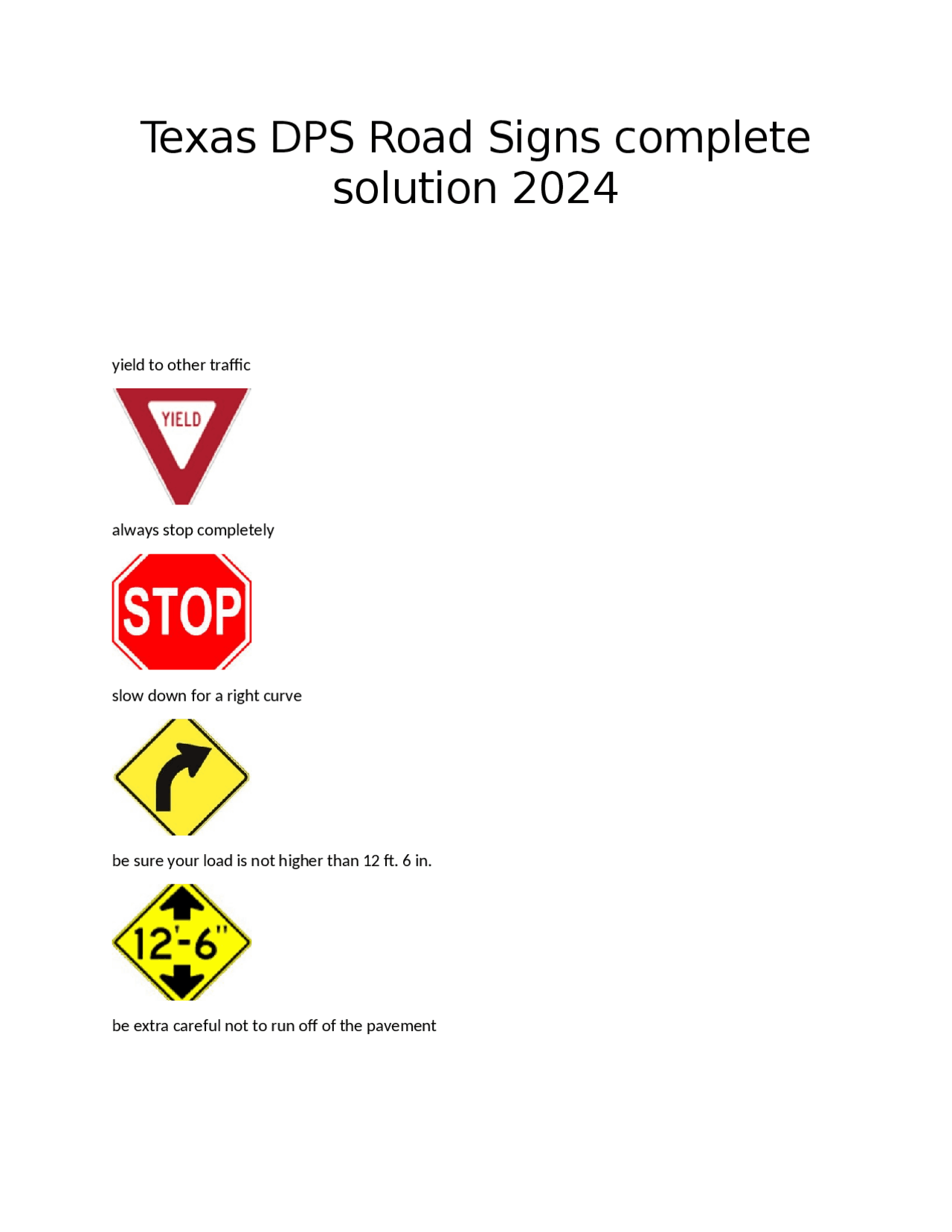 Texas DPS Road Signs complete solution 2024 | Exams Nursing | Docsity