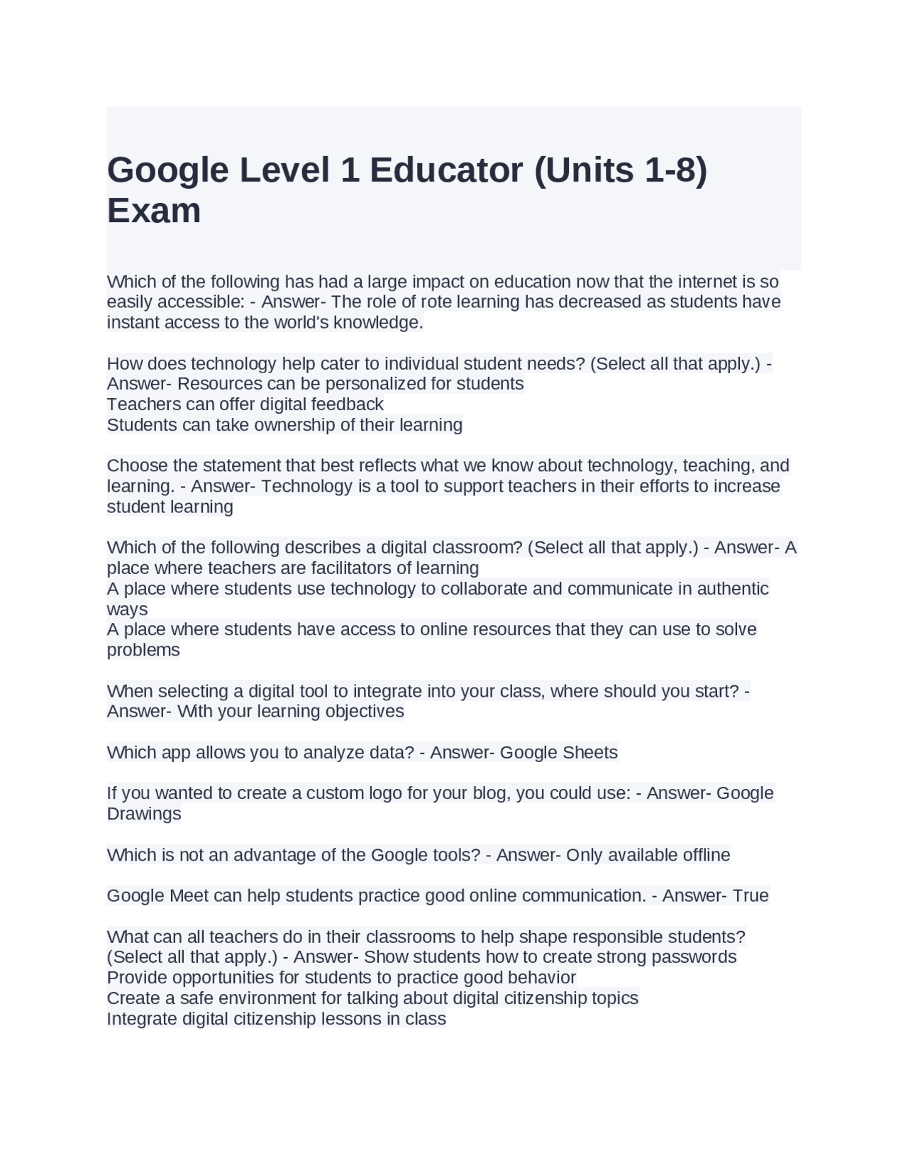 Google Level 1 Educator (Units 1-8) Exam with complete solutions | Exams Advanced Education ...