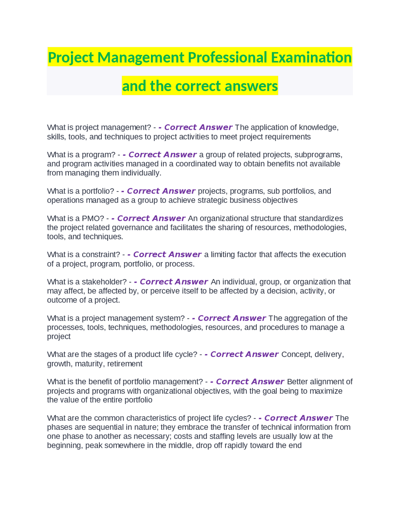 Project Management Professional Examination and the correct answers ...