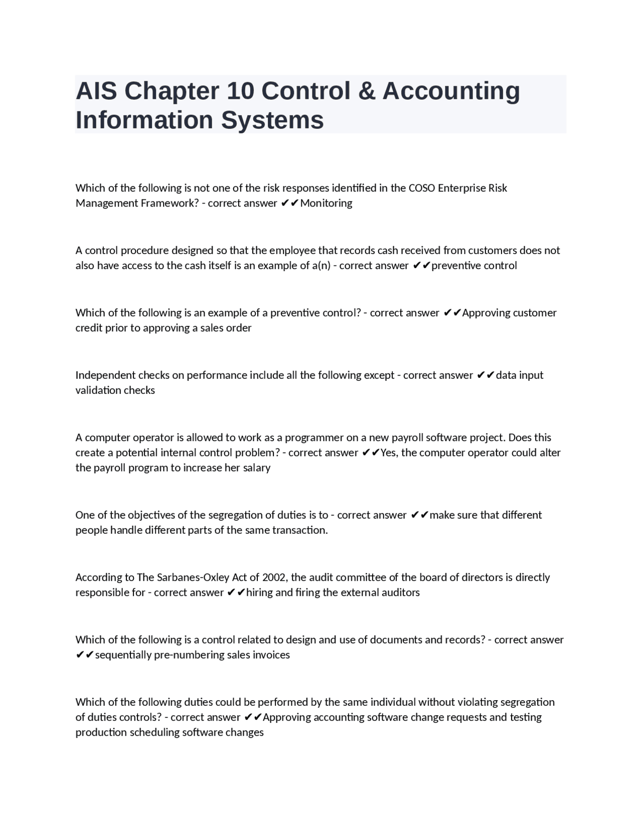 Ais Chapter 10 Control And Accounting Information Systems Fully Solved Graded A Exams Nursing 