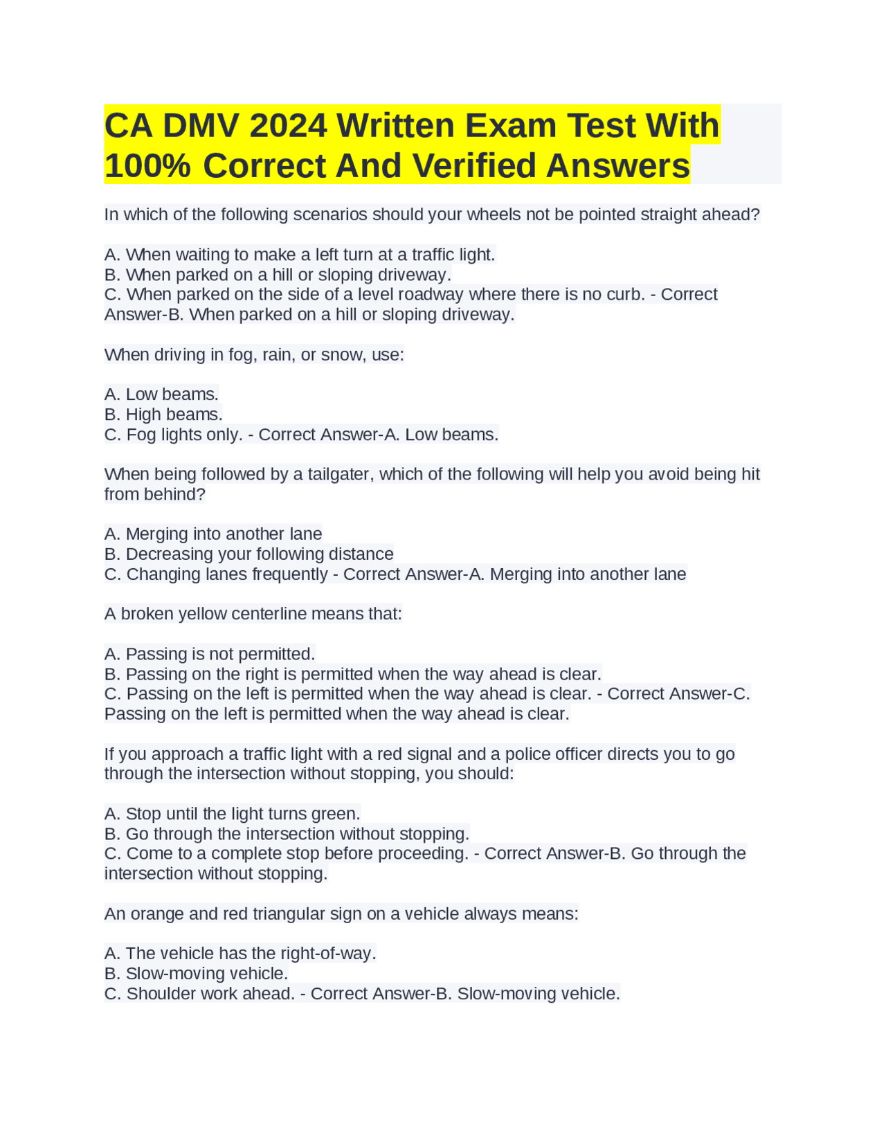 CA DMV 2024 Written Exam Test With 100% Correct And Verified Answers ...