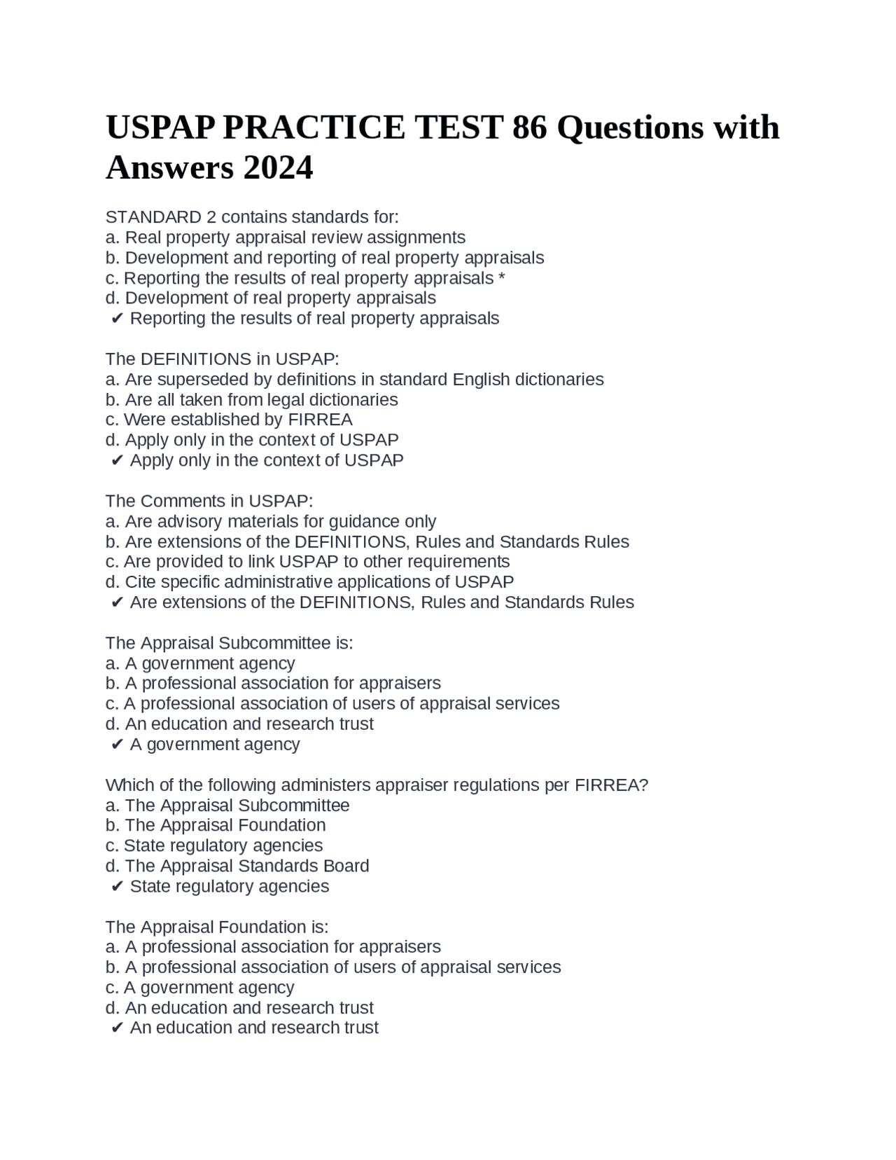 USPAP PRACTICE TEST 86 Questions with Answers 2024 | Exams Law | Docsity