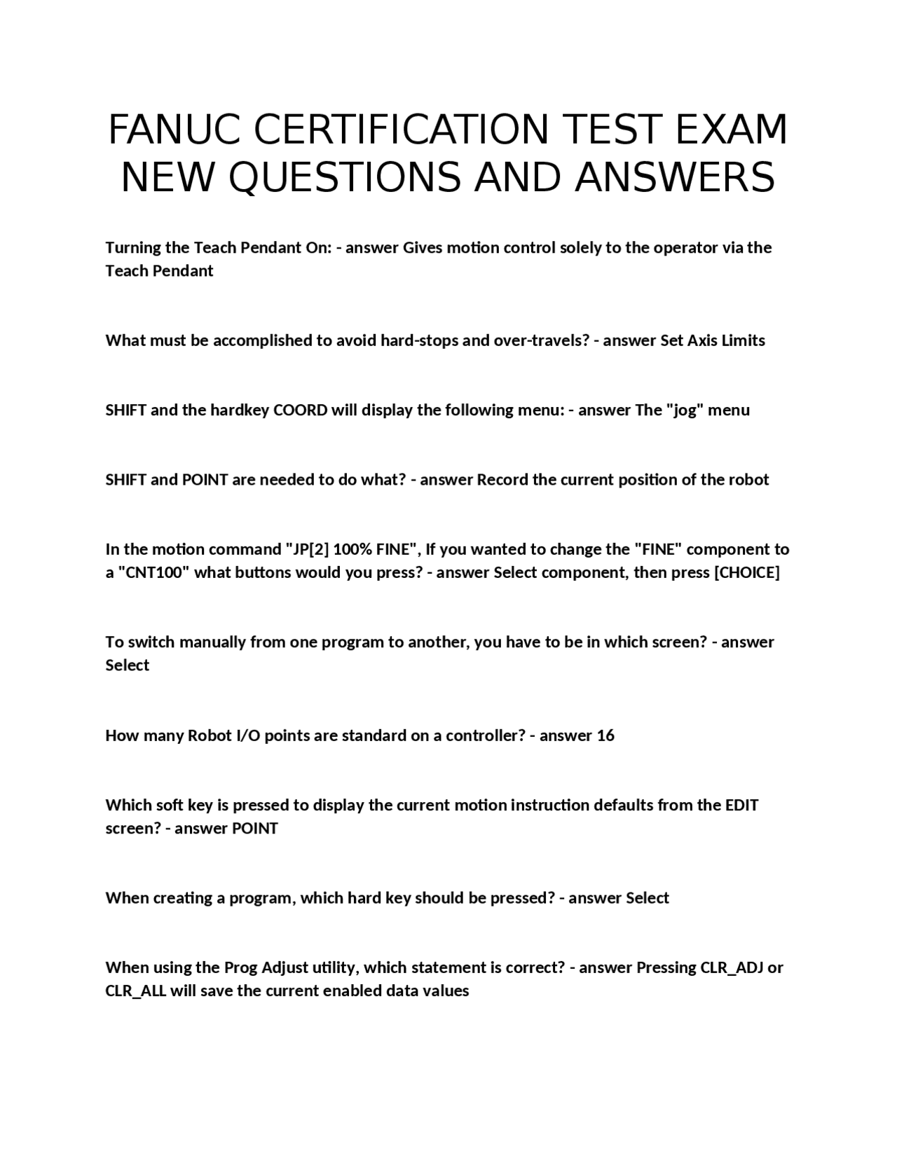 FANUC CERTIFICATION TEST EXAM NEW QUESTIONS AND ANSWERS | Exams Nursing ...