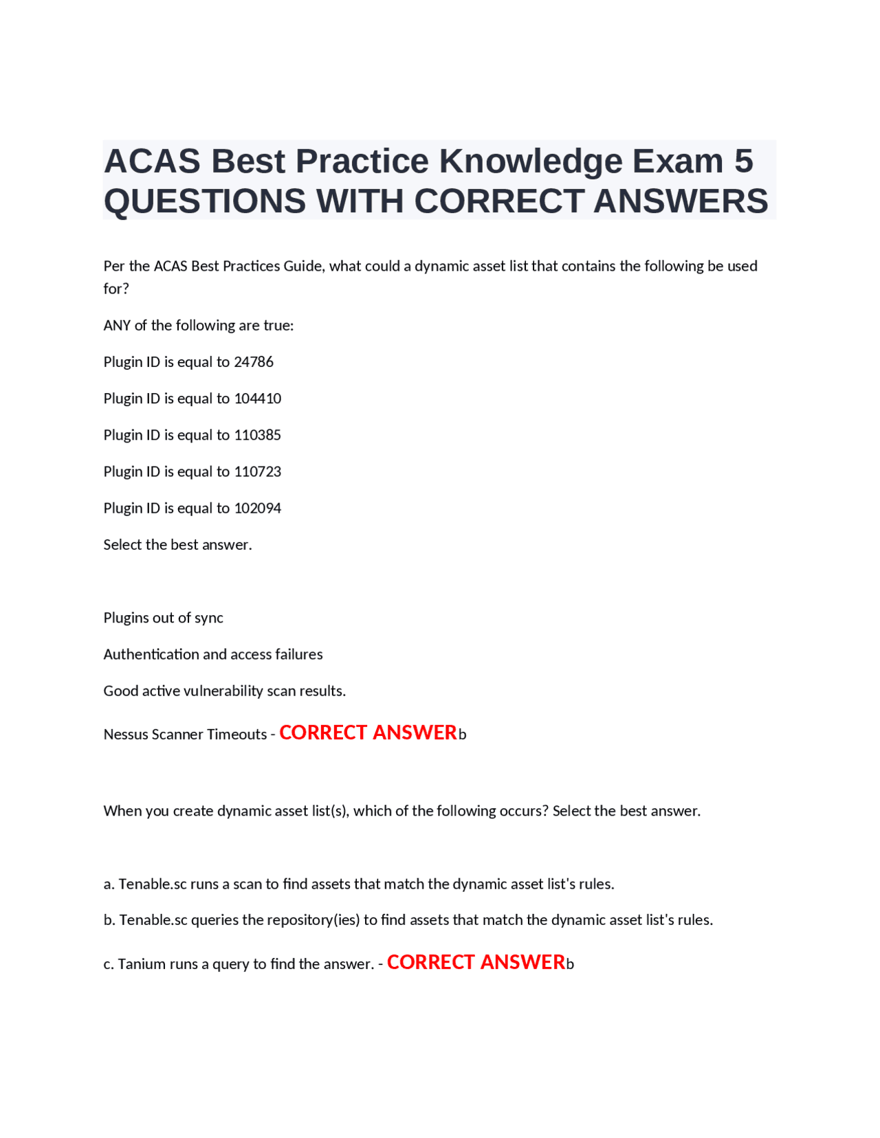 ACAS Best Practice Knowledge Exam 5 QUESTIONS WITH CORRECT ANSWERS ...