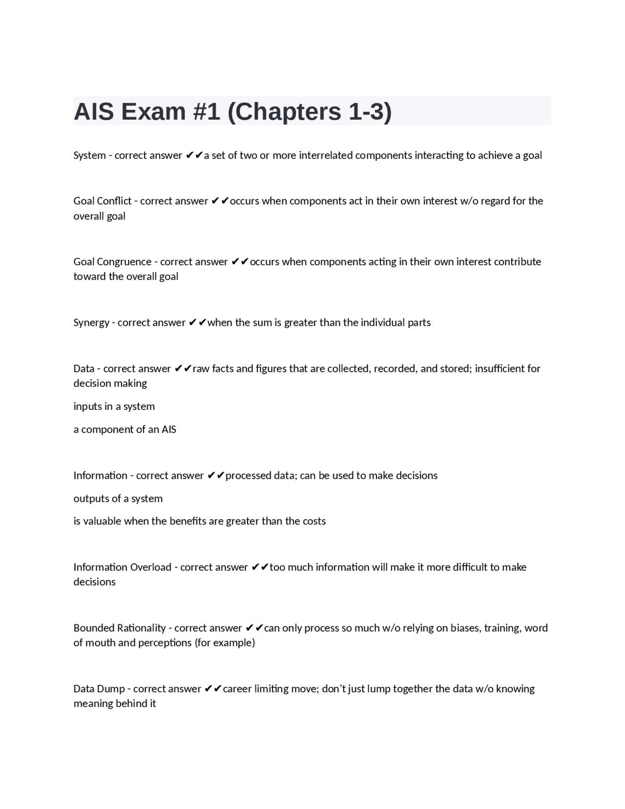AIS Exam #1 (Chapters 1-3) questions with verified answers | Exams ...