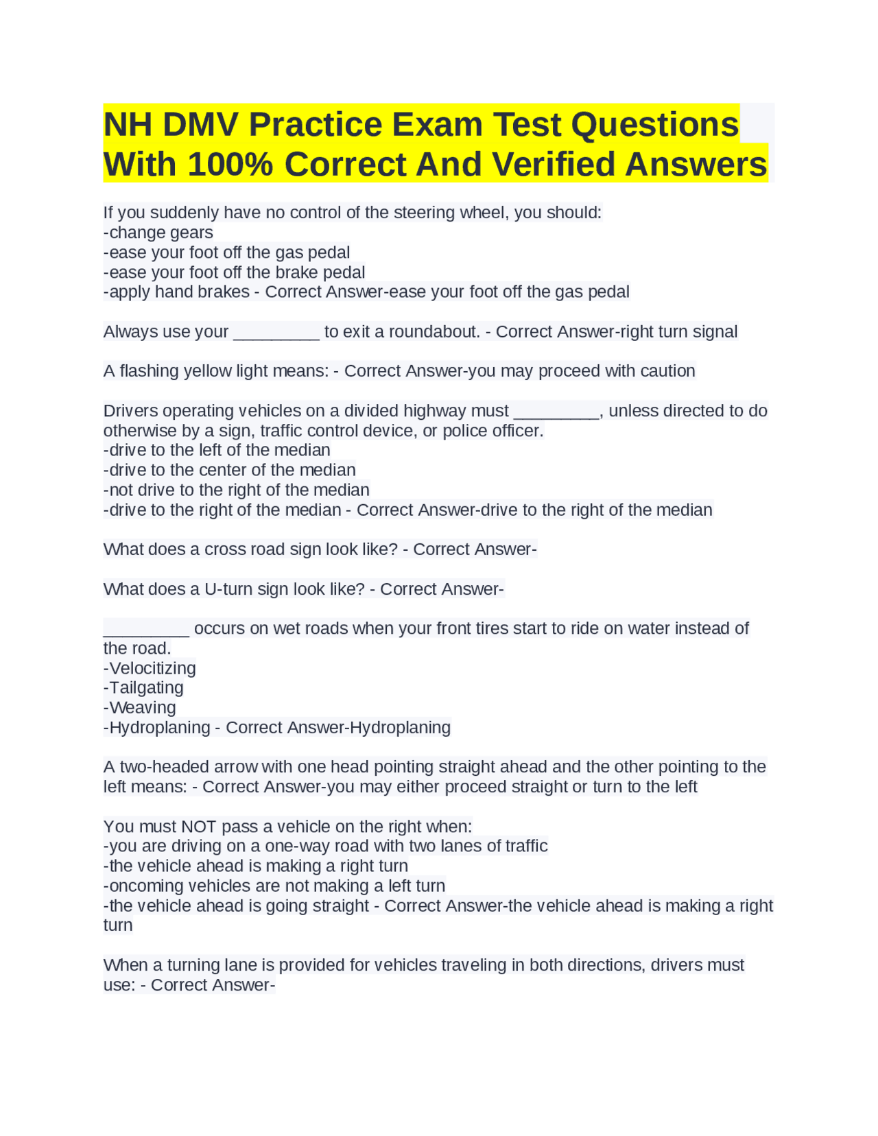 NH DMV Practice Exam Test Questions With 100% Correct And Verified ...