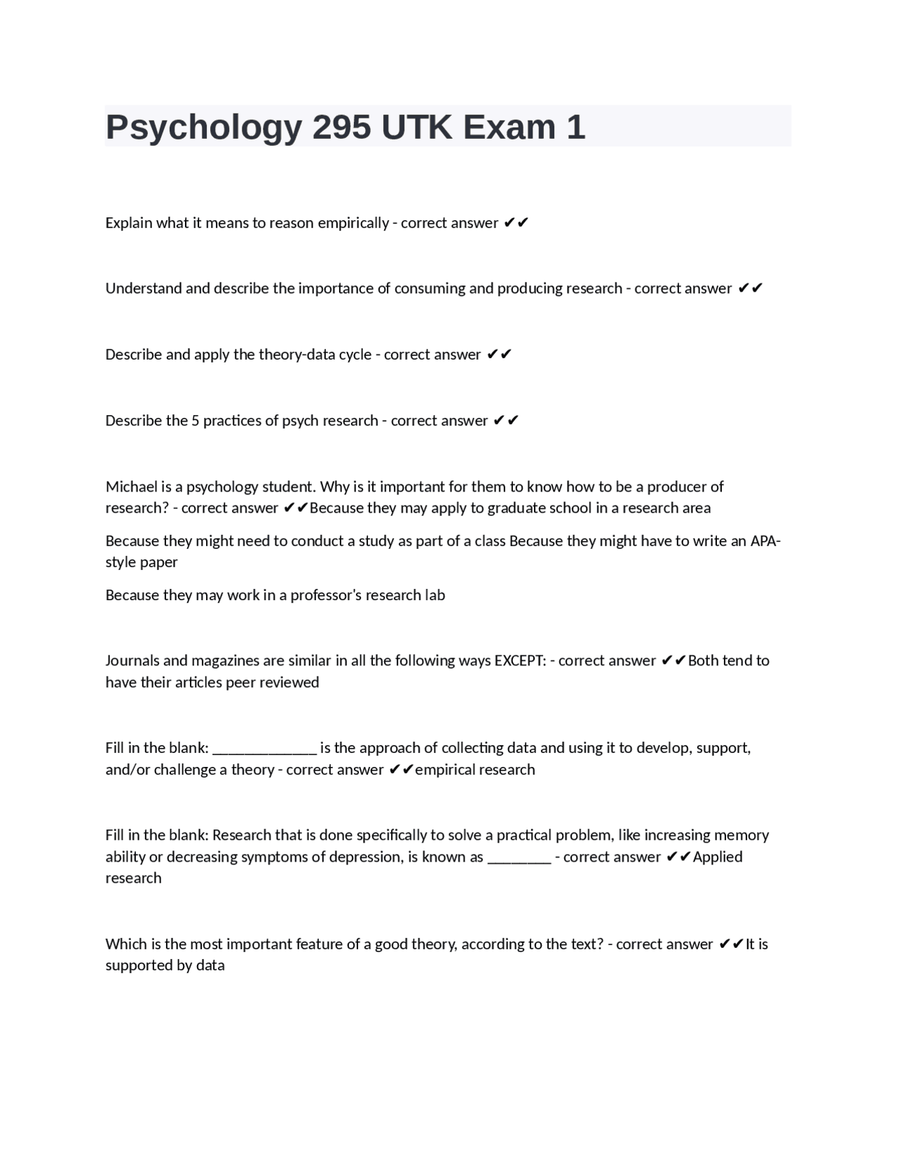 Psychology 295 UTK Exam 1 fully solved graded A+ | Exams Nursing | Docsity