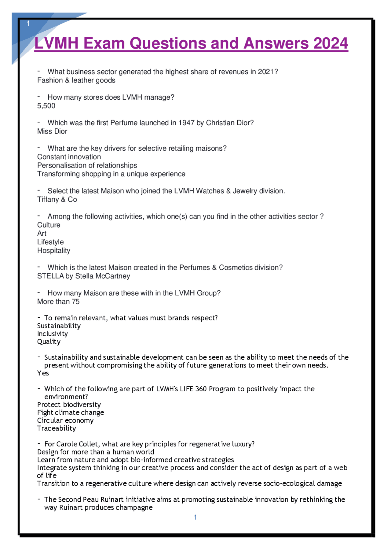 LVMH Exam Questions and Answers 2024 | Exams Nursing | Docsity