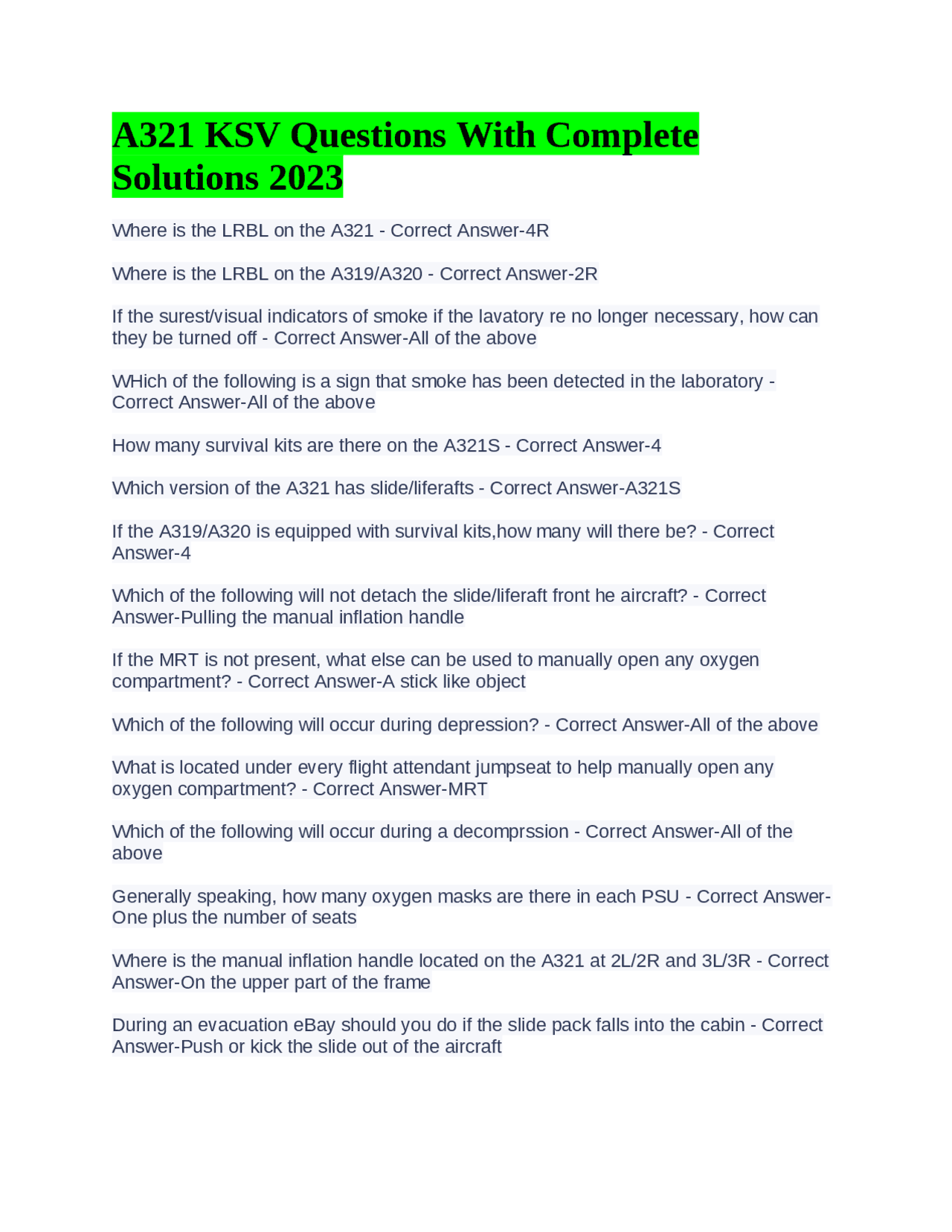 A321 KSV Questions With Complete Solutions 2023 | Exams Advanced ...