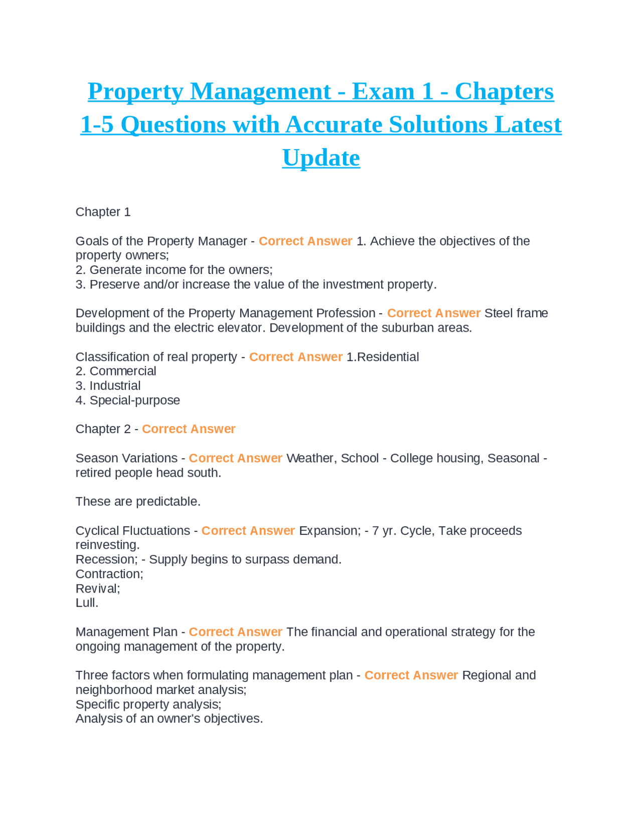Property Management - Exam 1 - Chapters 1-5 Questions with Accurate ...