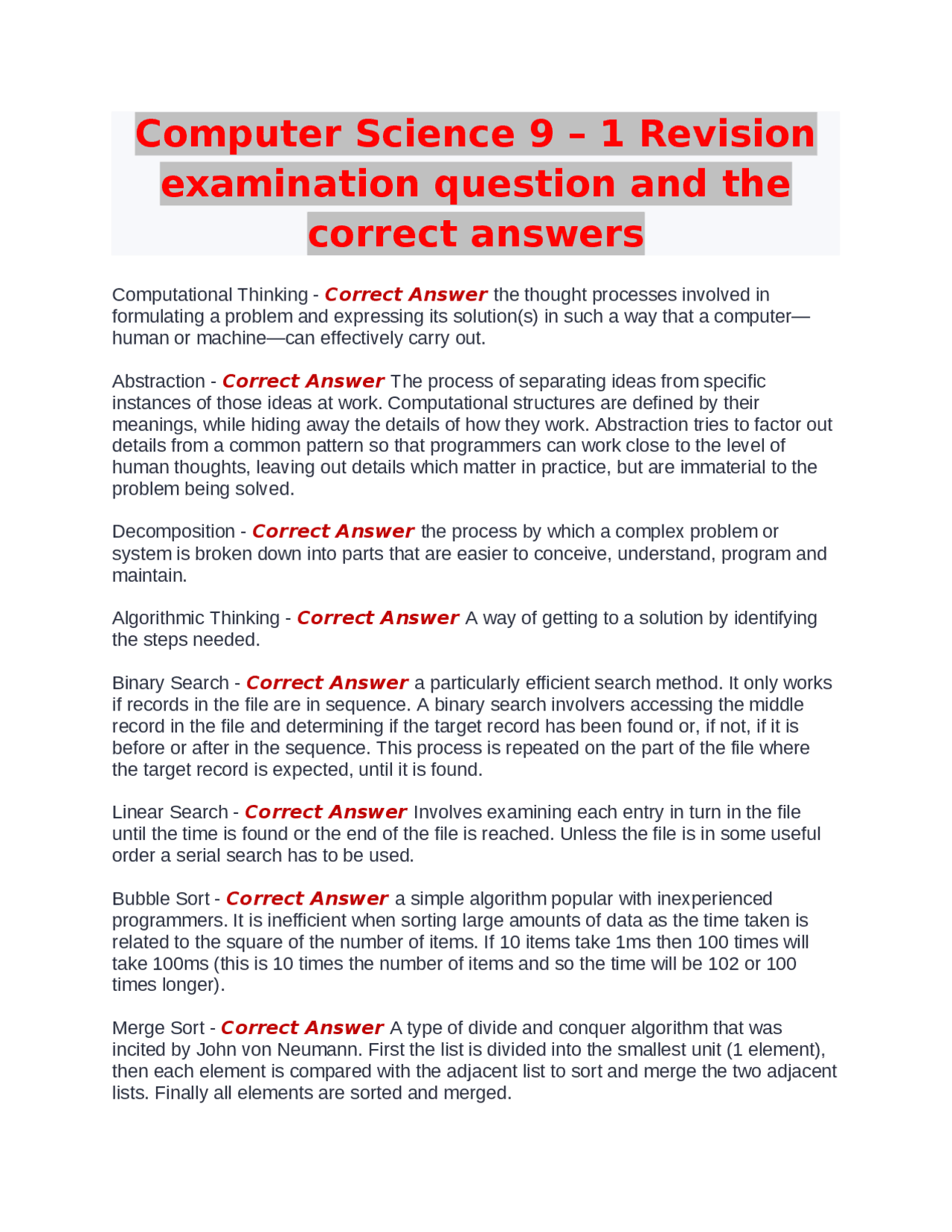 Computer Science 9 – 1 Revision examination question and the correct answers | Exams Computer ...