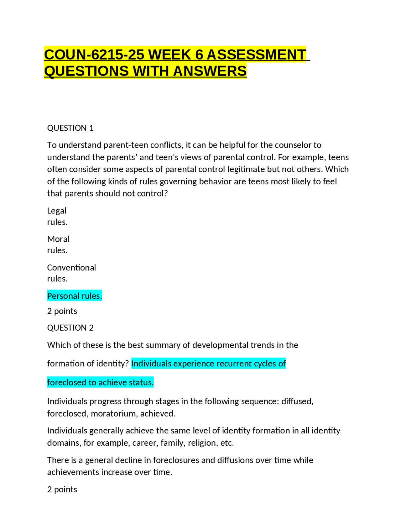 COUN-6215-25 WEEK 6 ASSESSMENT QUESTIONS WITH ANSWERS | Exams Nursing | Docsity