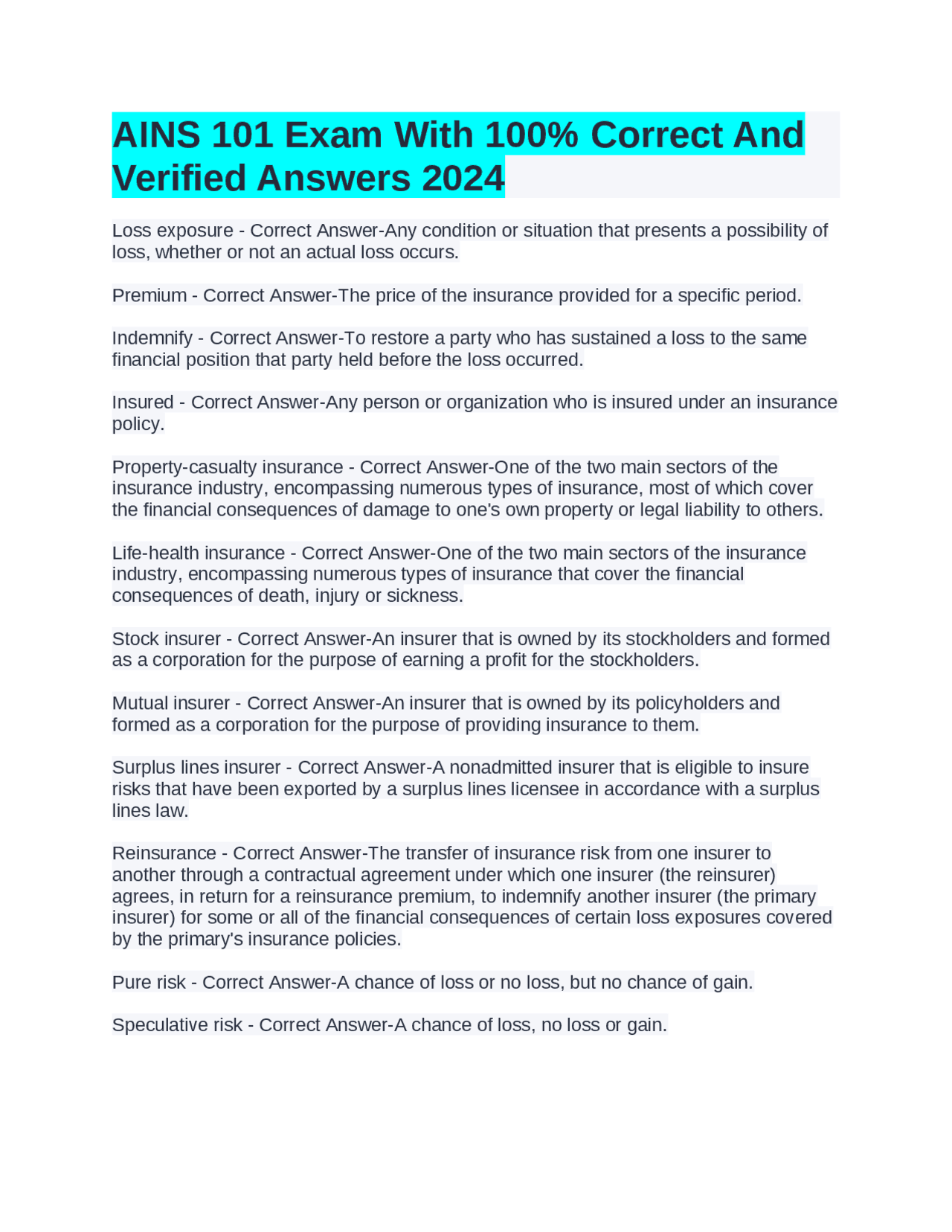 AINS 101 Exam With 100% Correct And Verified Answers 2024 | Exams ...