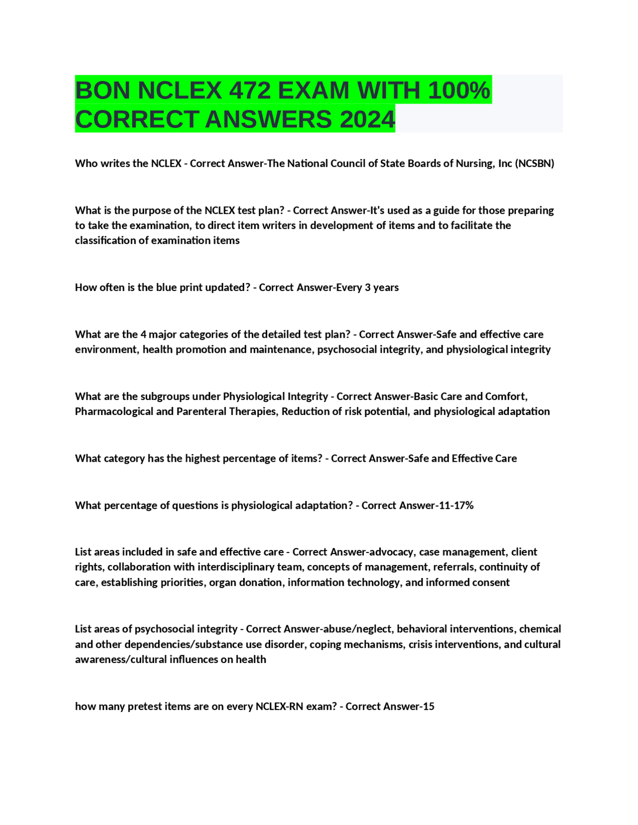 BON NCLEX 472 EXAM WITH 100% CORRECT ANSWERS 2024 | Exams Advanced ...