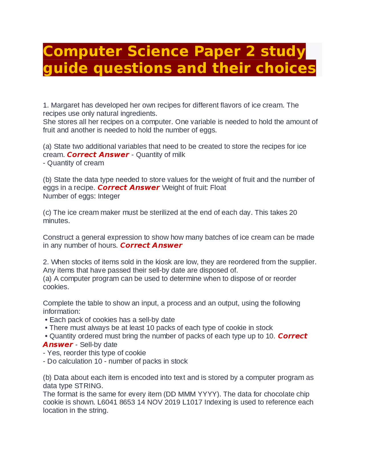 Computer Science Paper 2 study guide questions and their choices ...