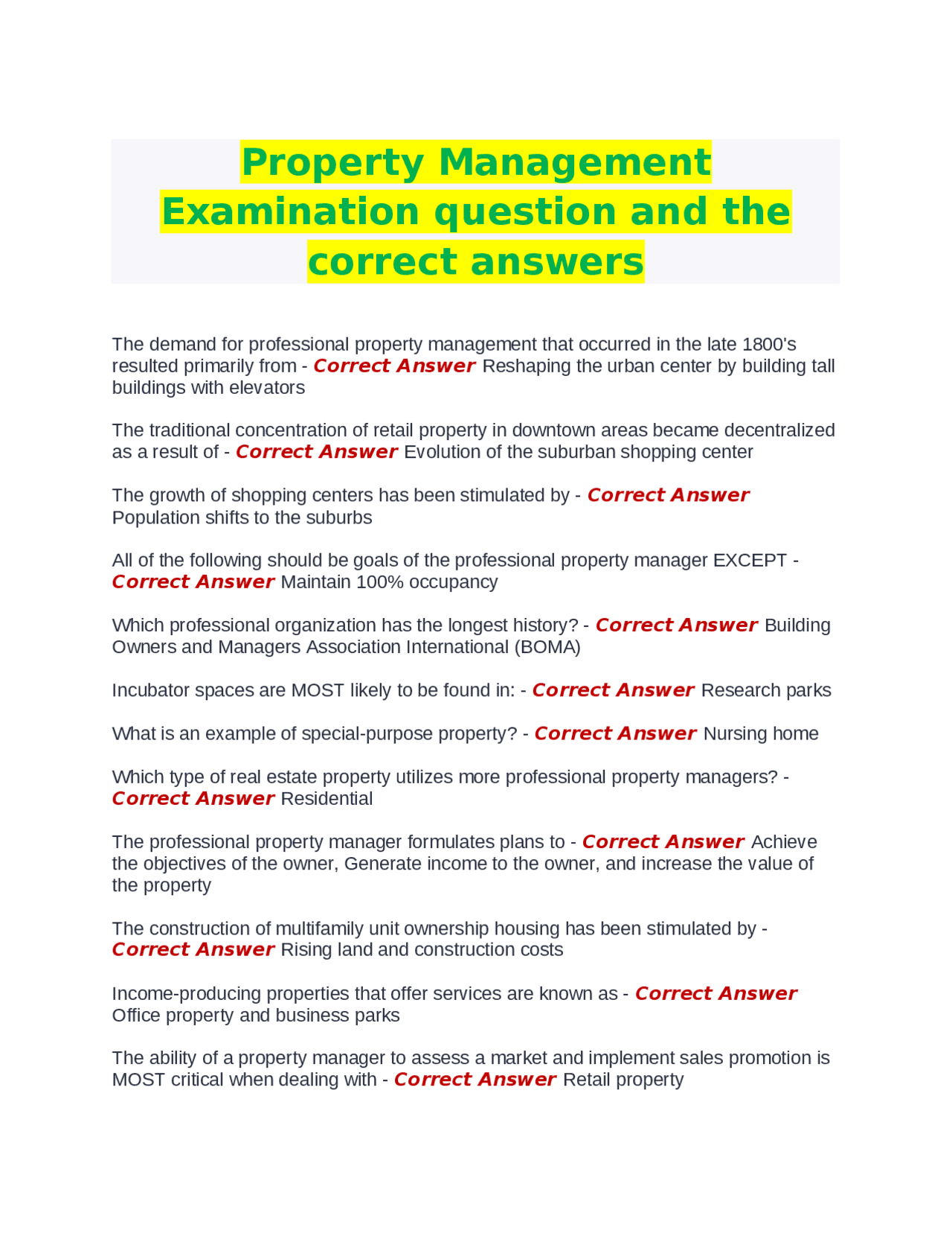 Property Management Examination question and the correct answers ...