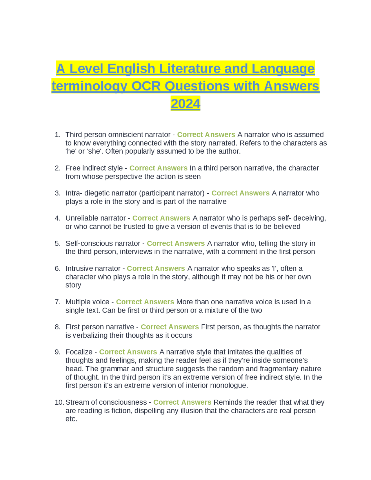A Level English Literature and Language terminology OCR Questions with ...