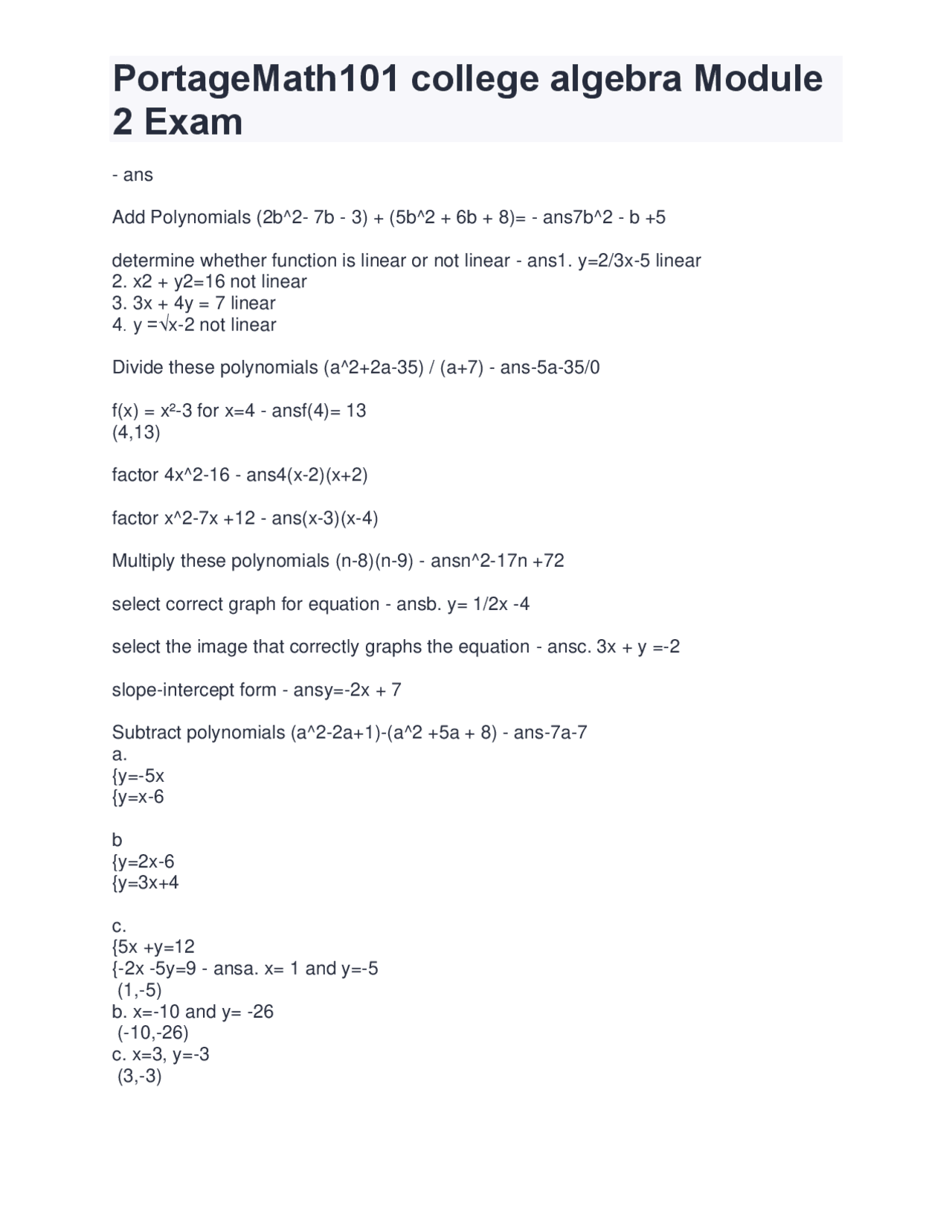 PortageMath101 college algebra Module 1-10 Exam.pdf | Exams Nursing ...