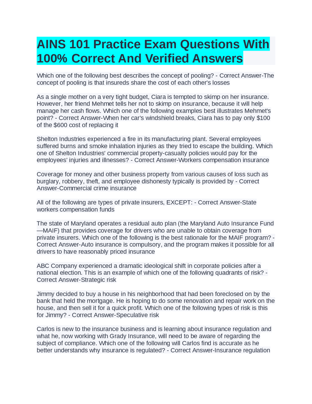 AINS 101 Practice Exam Questions With 100% Correct And Verified Answers | Exams Advanced ...