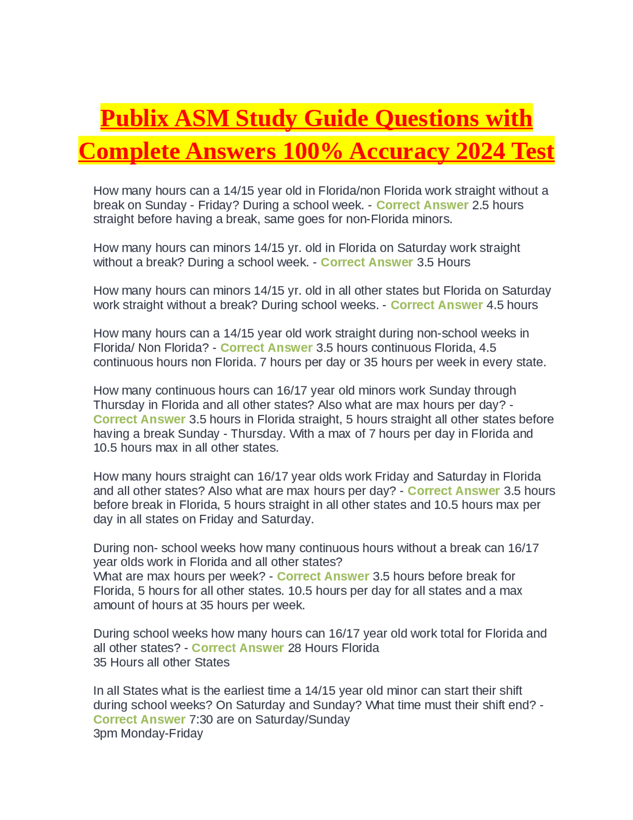Publix ASM Study Guide Questions with Complete Answers 100% Accuracy ...